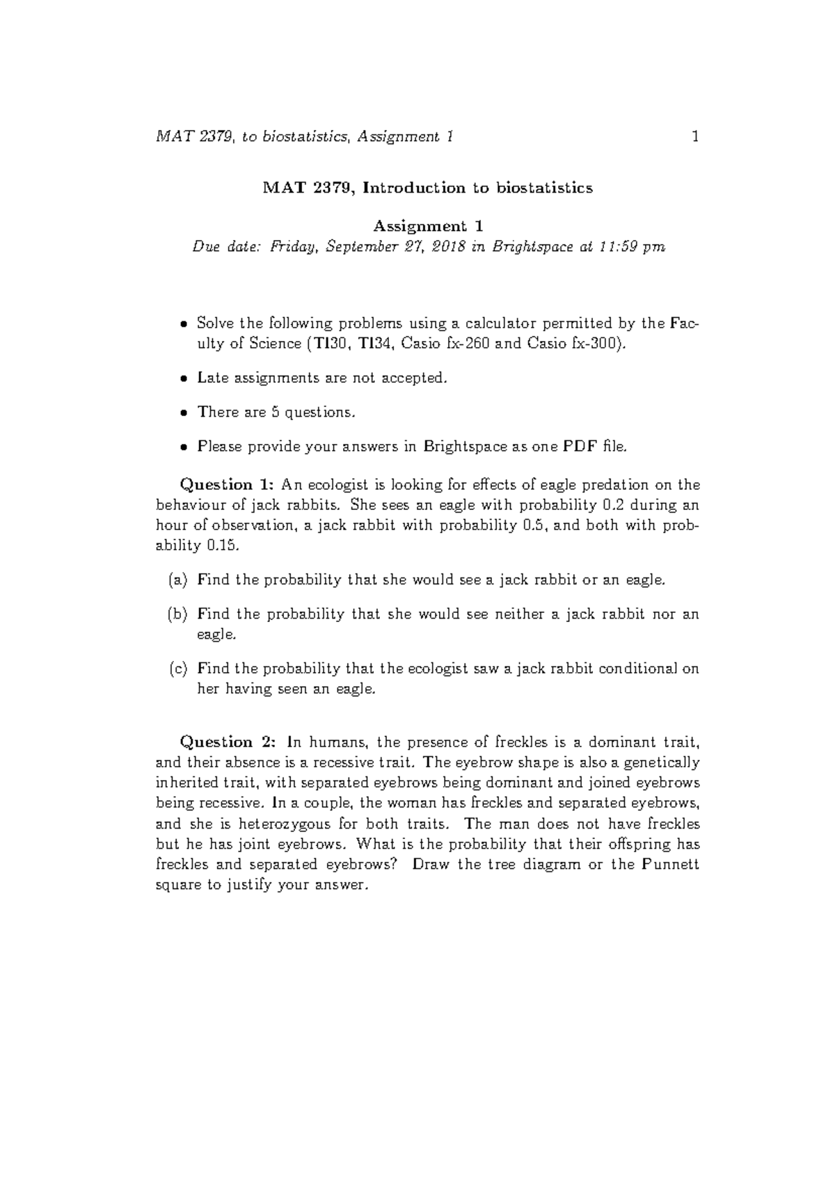 assignment 1 biostatistics fall 2024 - MAT 2379, to biostatistics, Assignment 1 1 MAT 2379 ...