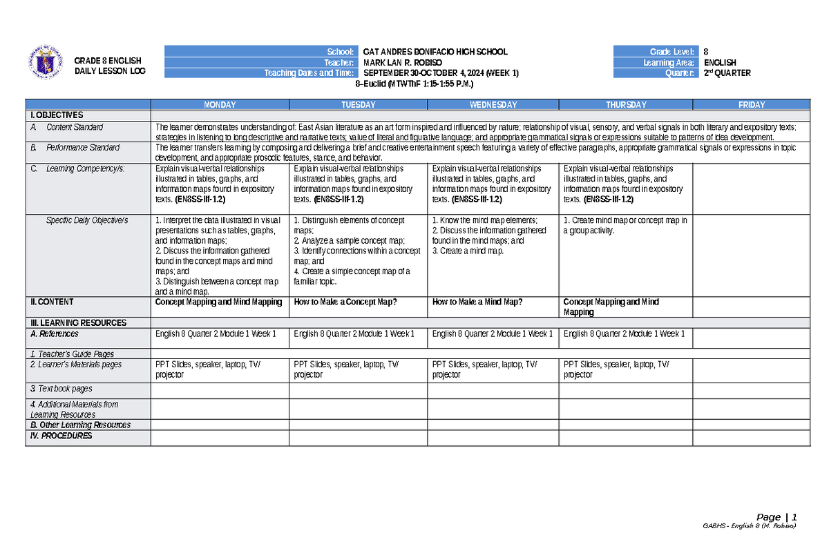 DLL English-8 Q2 WEEK-1 - GRADE 8 ENGLISH DAILY LESSON LOG School: GAT ...
