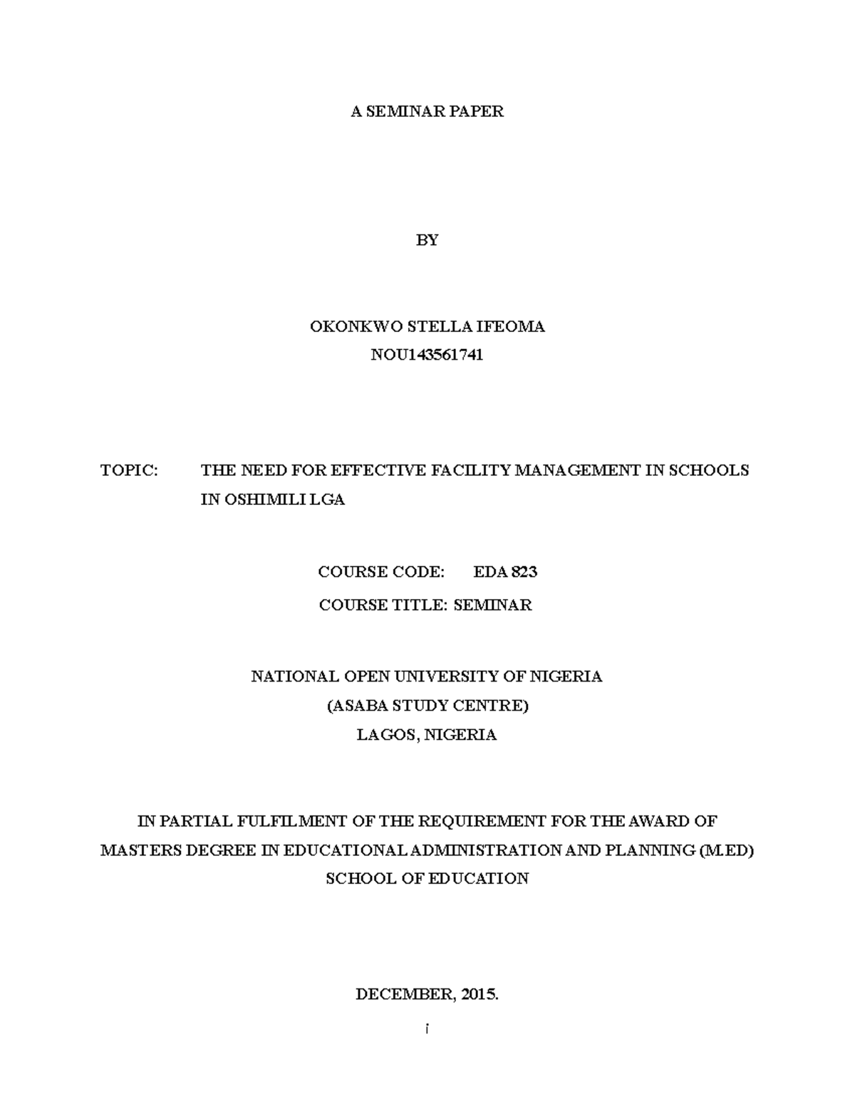 A seminar paper on education - A SEMINAR PAPER BY OKONKWO STELLA IFEOMA ...