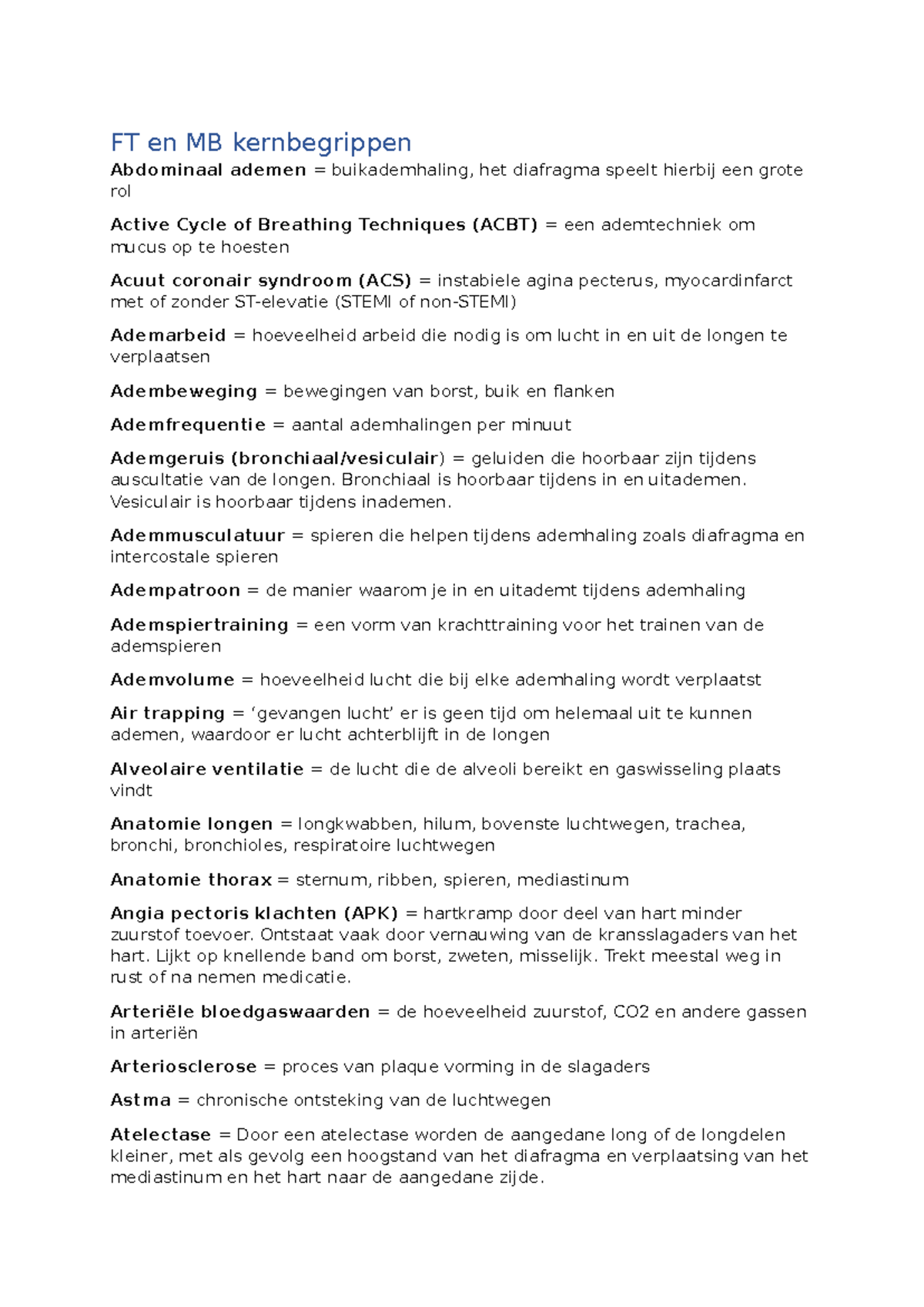 Kernbegrippen lijst - Samenvatting Fysiotherapeutische zorg Hart en Long theorie - FT en MB ...