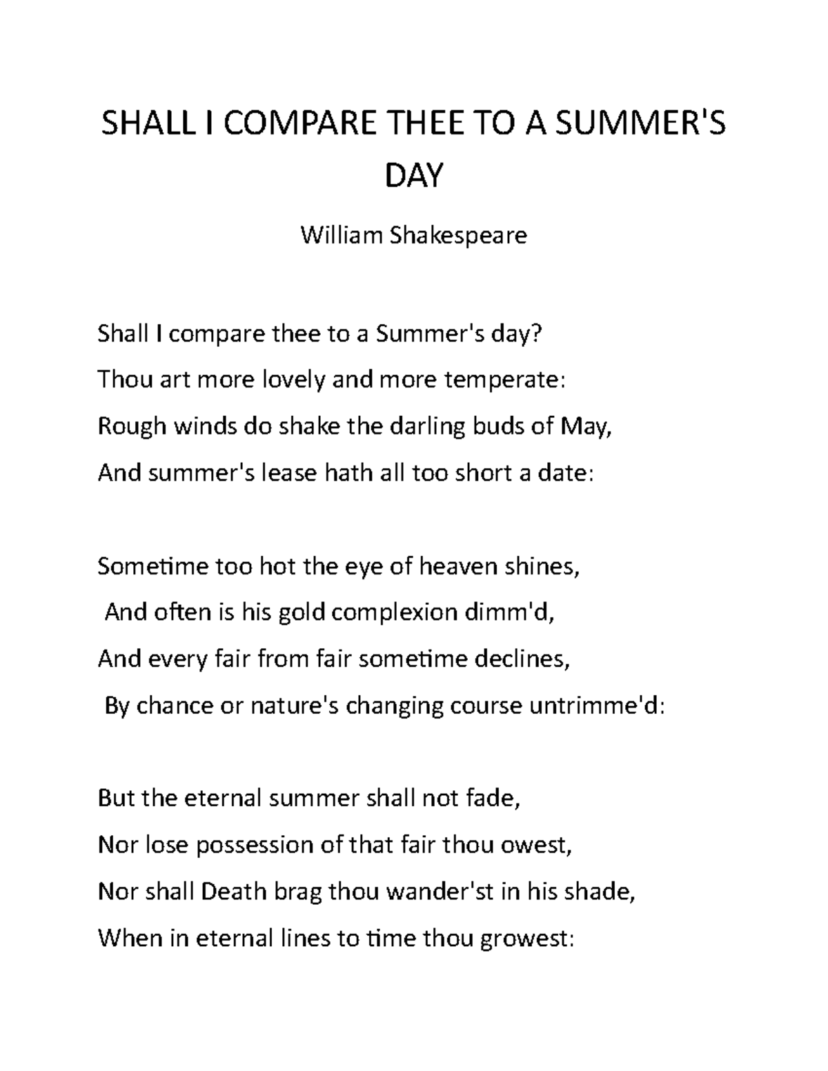 Shall I Compare THEE TO A Summer - SHALL I COMPARE THEE TO A SUMMER'S ...