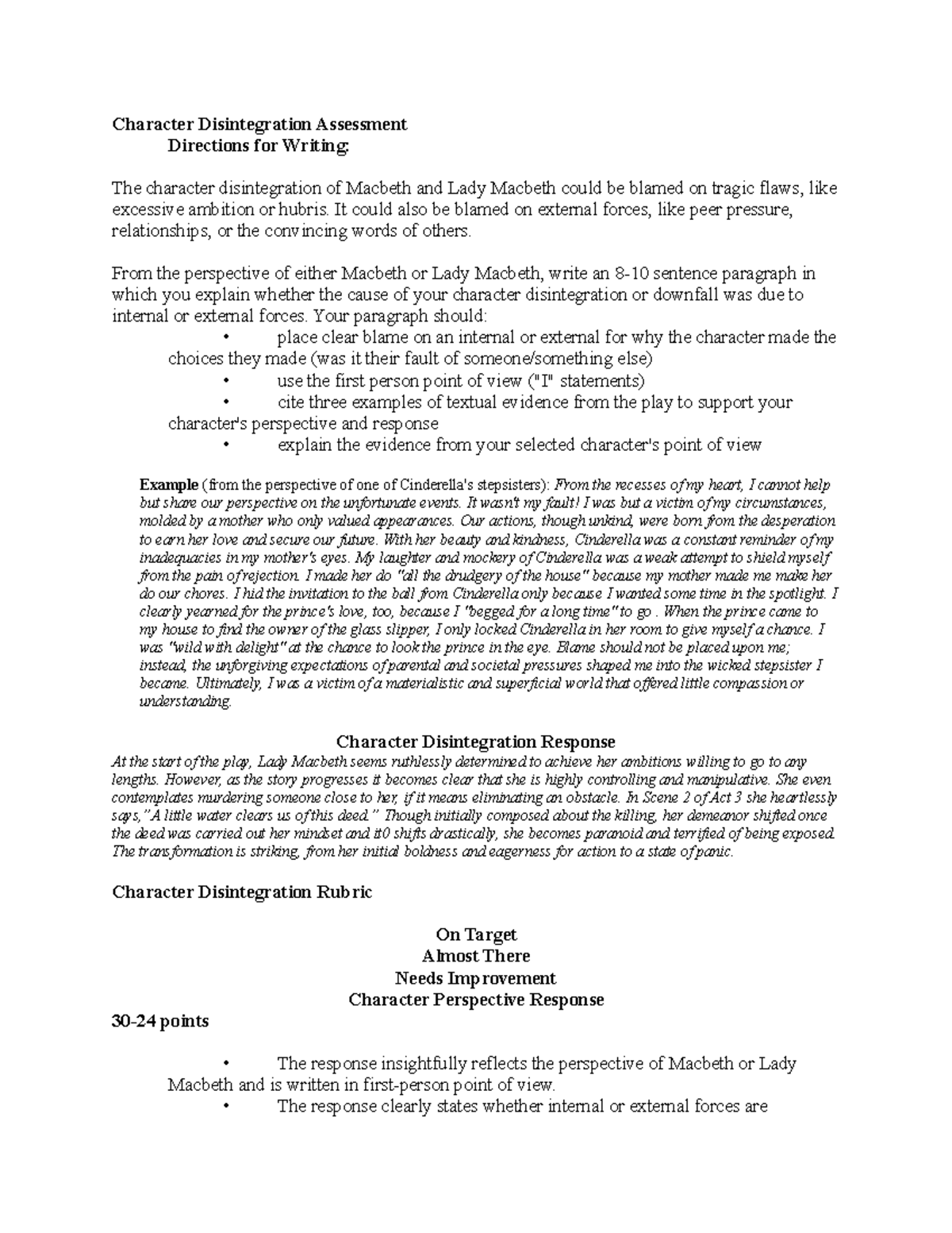 Character disintegration rubric copy - Character Disintegration ...
