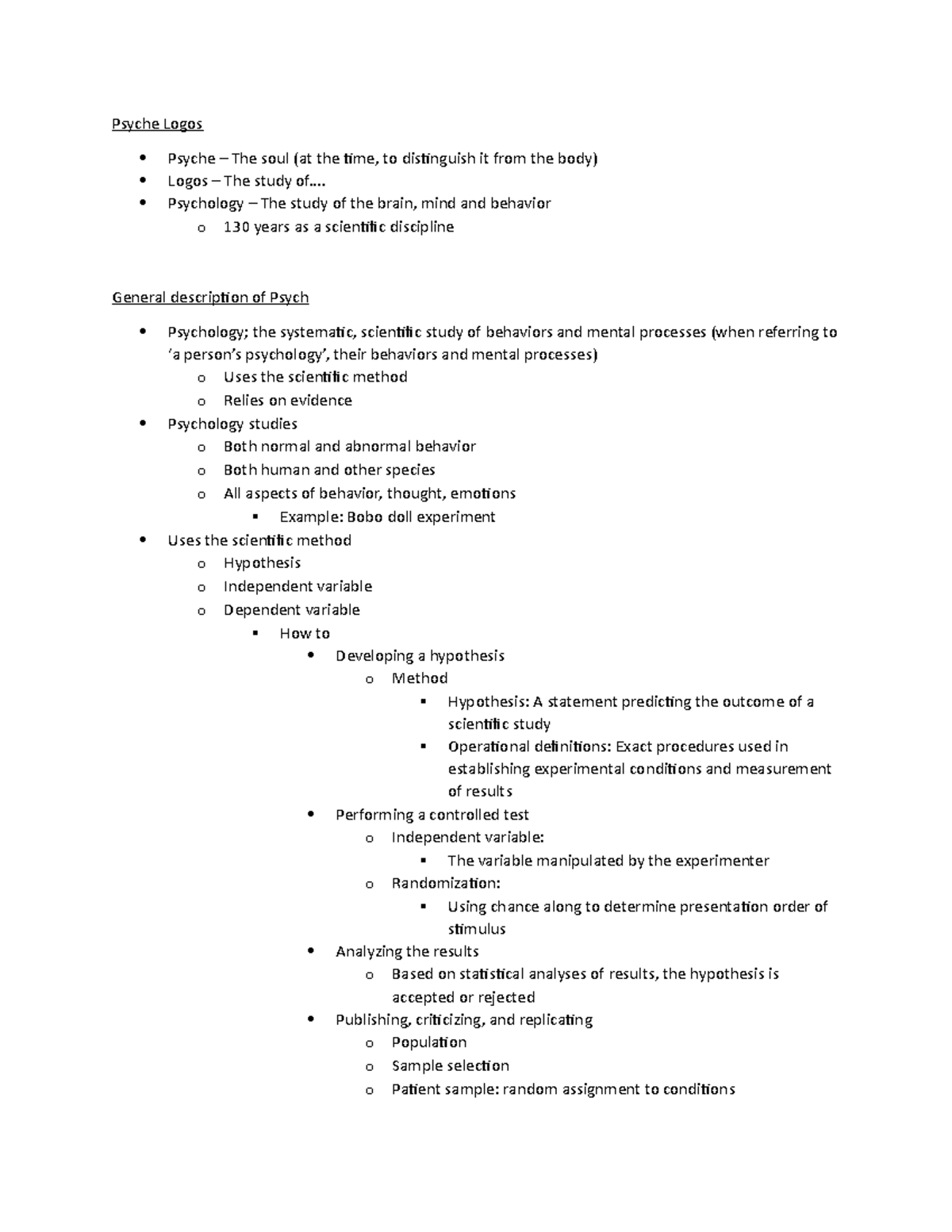 Intro. to Psych. Notes #1 - Psyche Logos Psyche – The soul (at the time ...