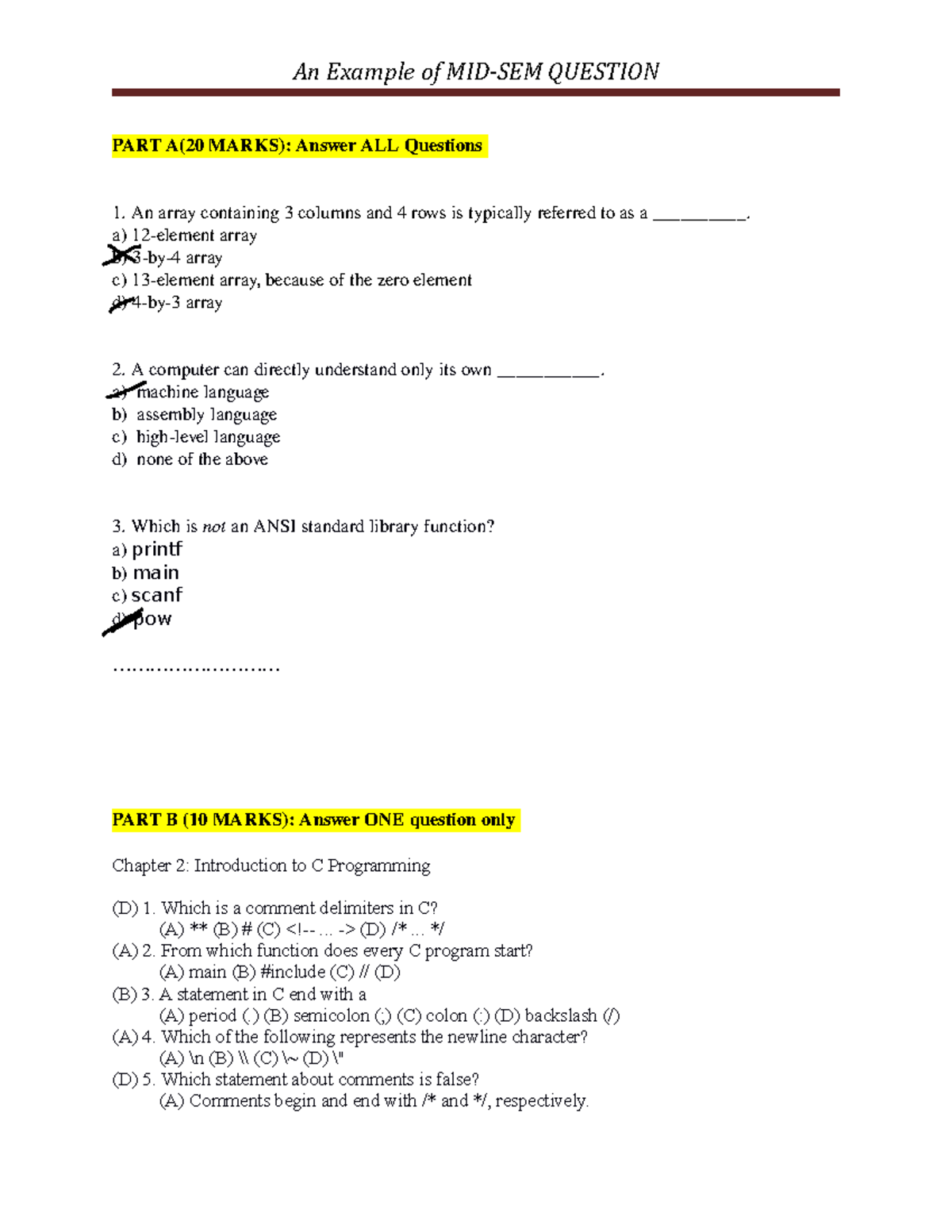 Programming Tutorial - An Example of MID-SEM QUESTION PART A(20 MARKS ...