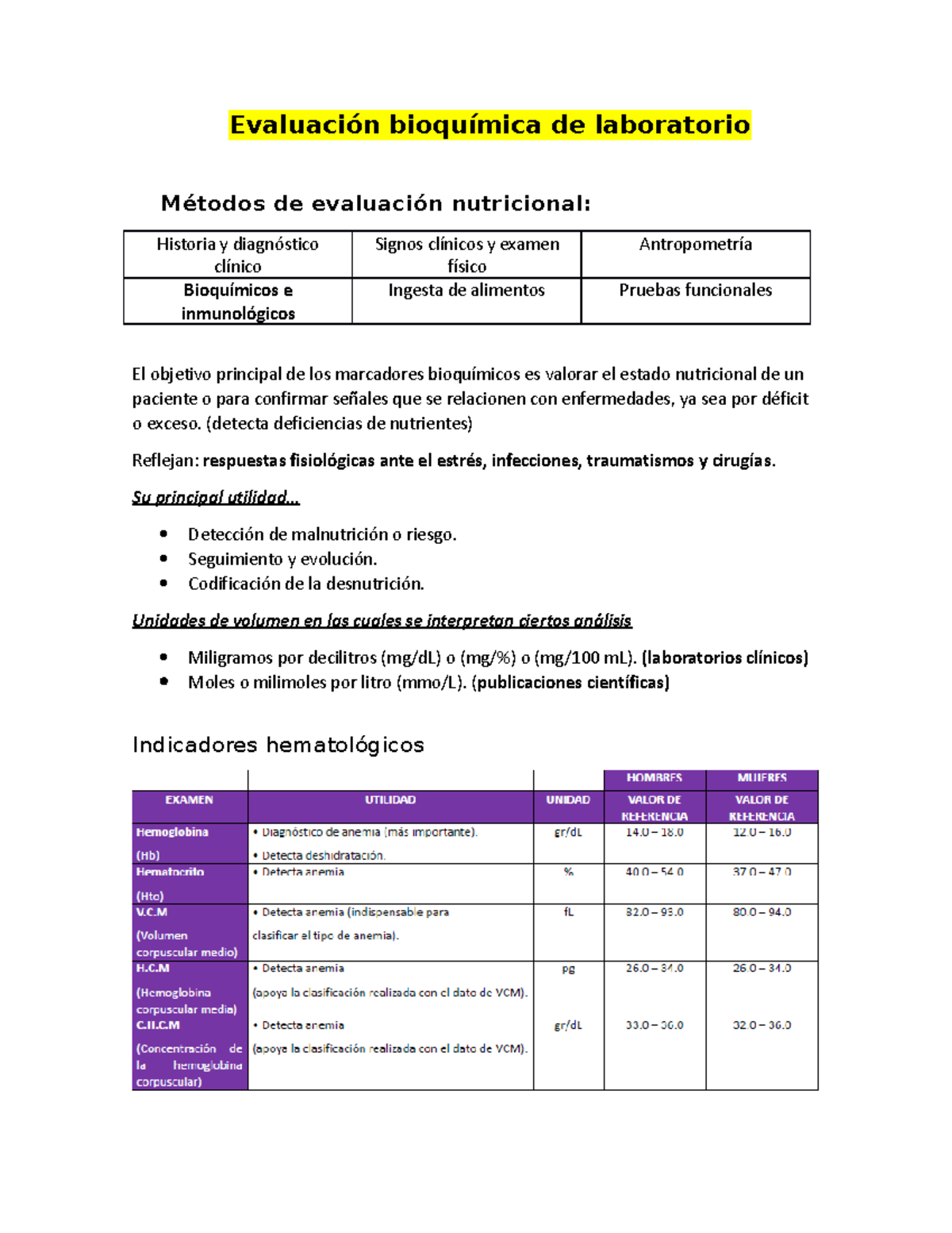 Evaluación bioquímica de laboratorio 2 - Evaluación bioquímica de laboratorio Métodos de ...