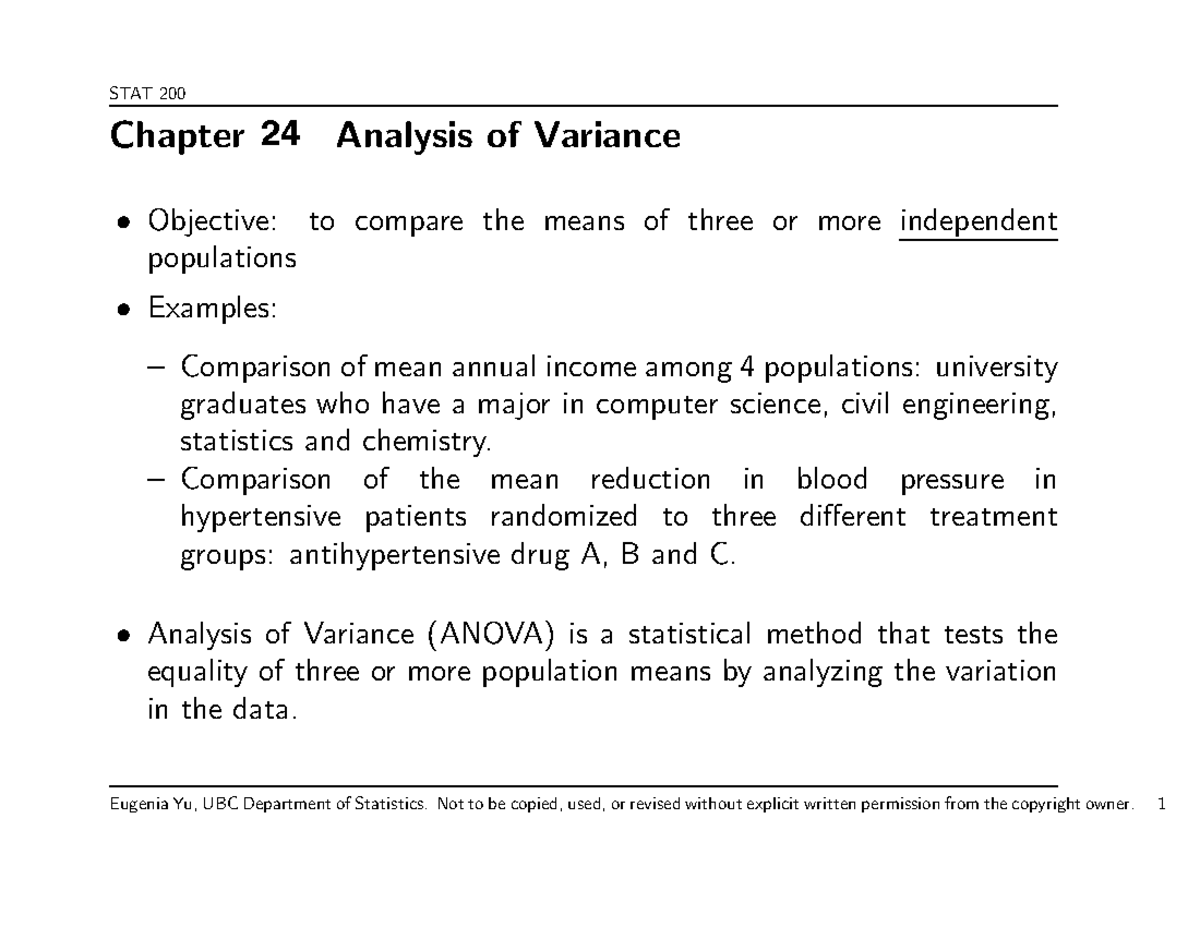 200ch24slides - Lecture notes 24 - STAT 200 24 Analysis of Variance ...