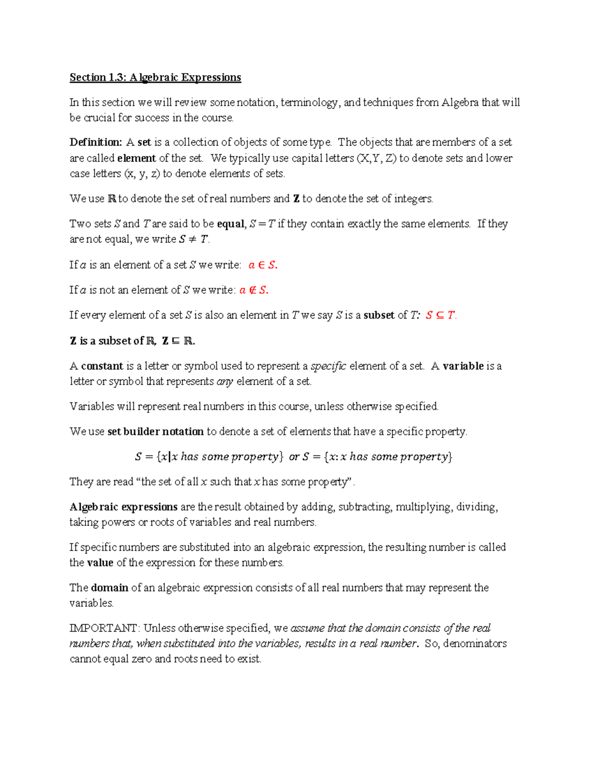 Section 1.3- Algebraic Expressions - Section 1: Algebraic Expressions ...