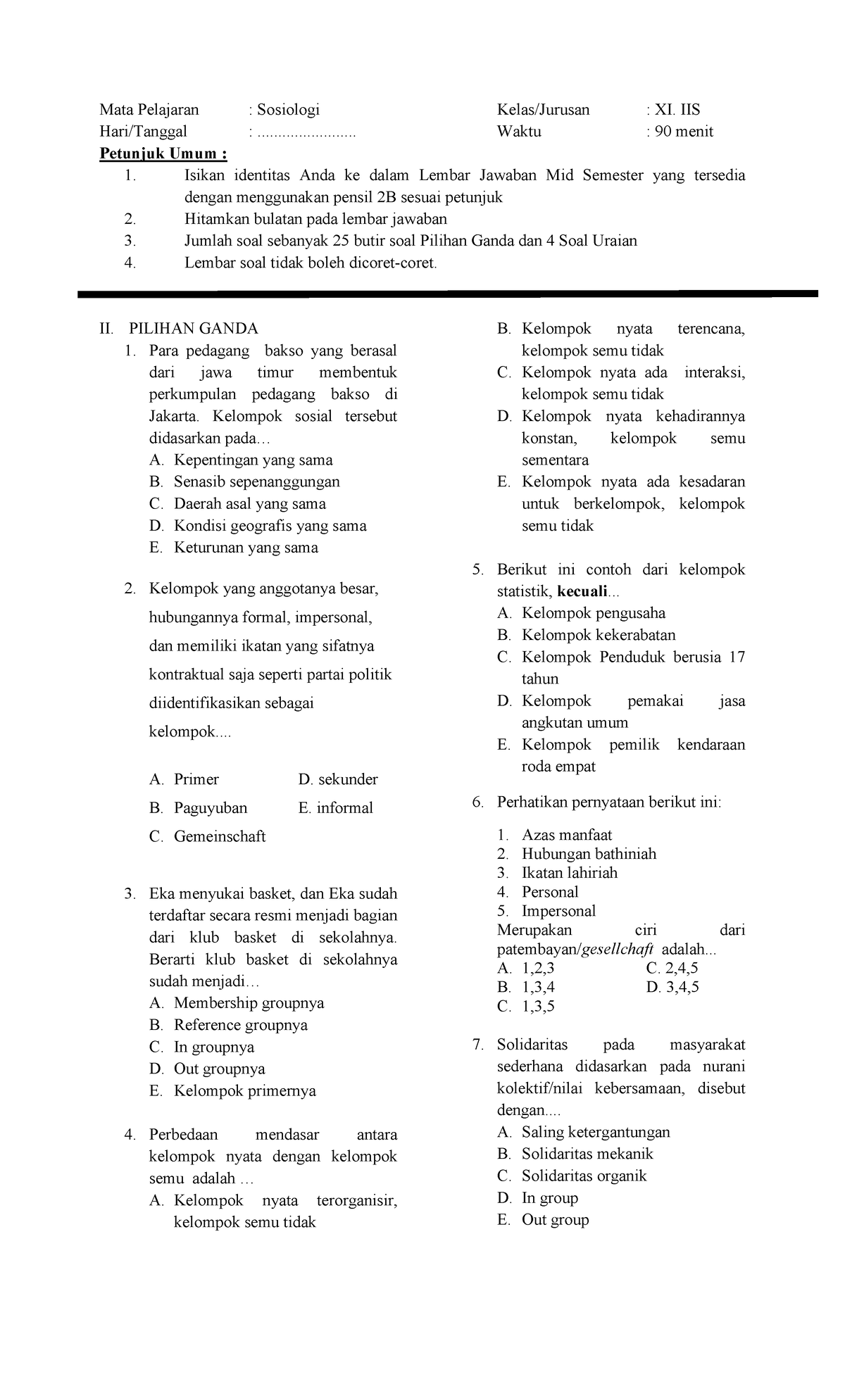 Contoh soal sosiologi 6 - Mata Pelajaran : Sosiologi Kelas/Jurusan : XI ...