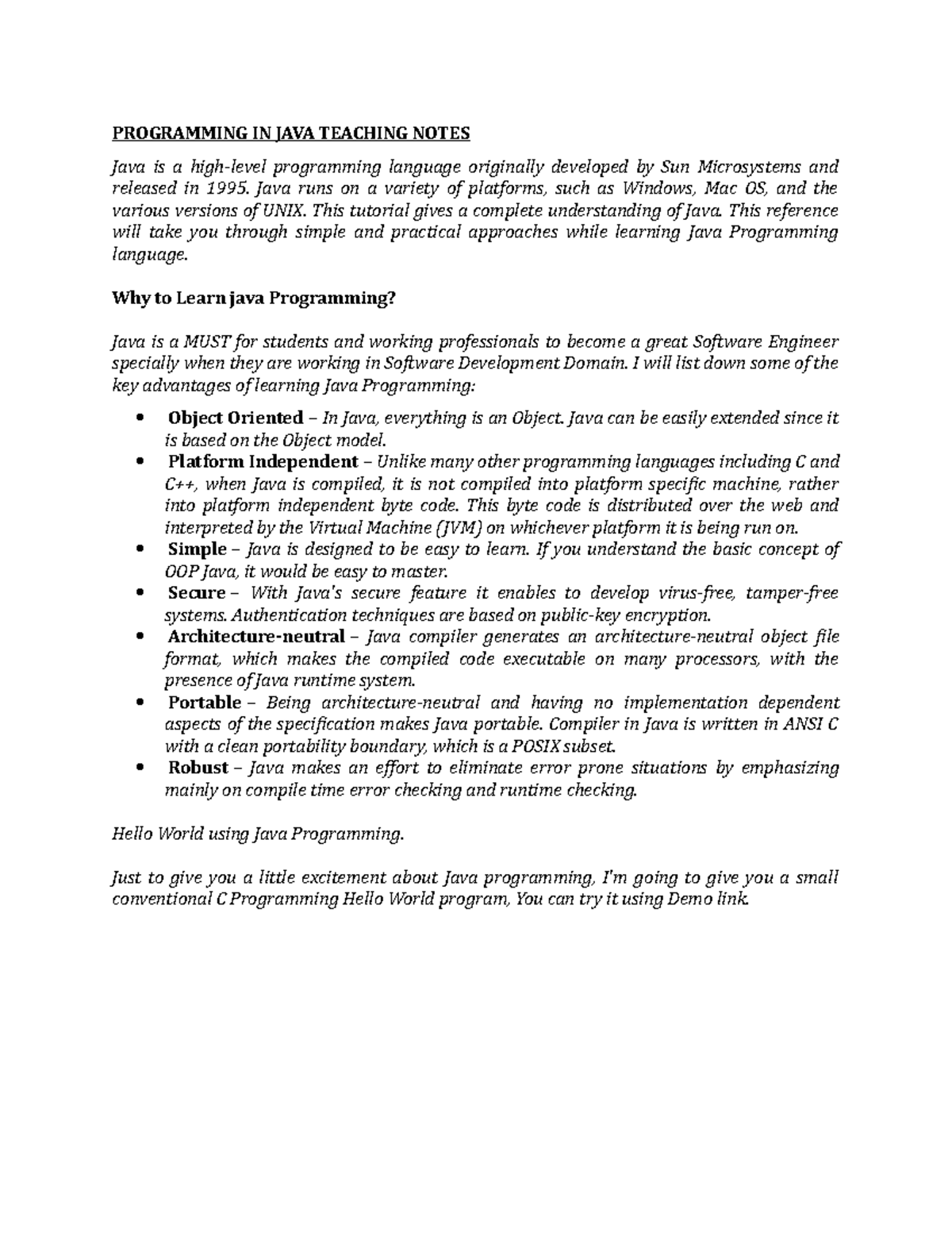 Programming IN JAVA Teaching Notes PROGRAMMING IN JAVA TEACHING NOTES