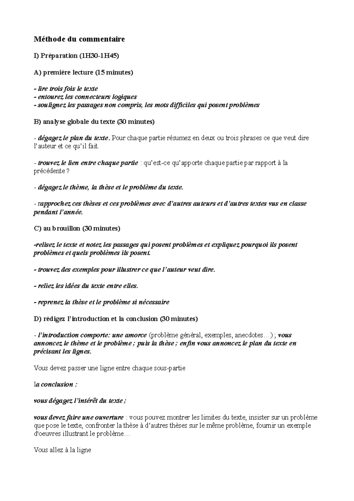 Méthode du commentaire - Méthode du commentaire I) Préparation (1H30-1H45) A) première lecture ...