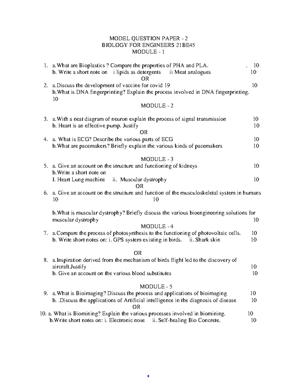 21BE451 model paper 2 - 444 - MODEL QUESTION PAPER - 2 BIOLOGY FOR ENGINEERS 21BE MODULE - 1 a ...