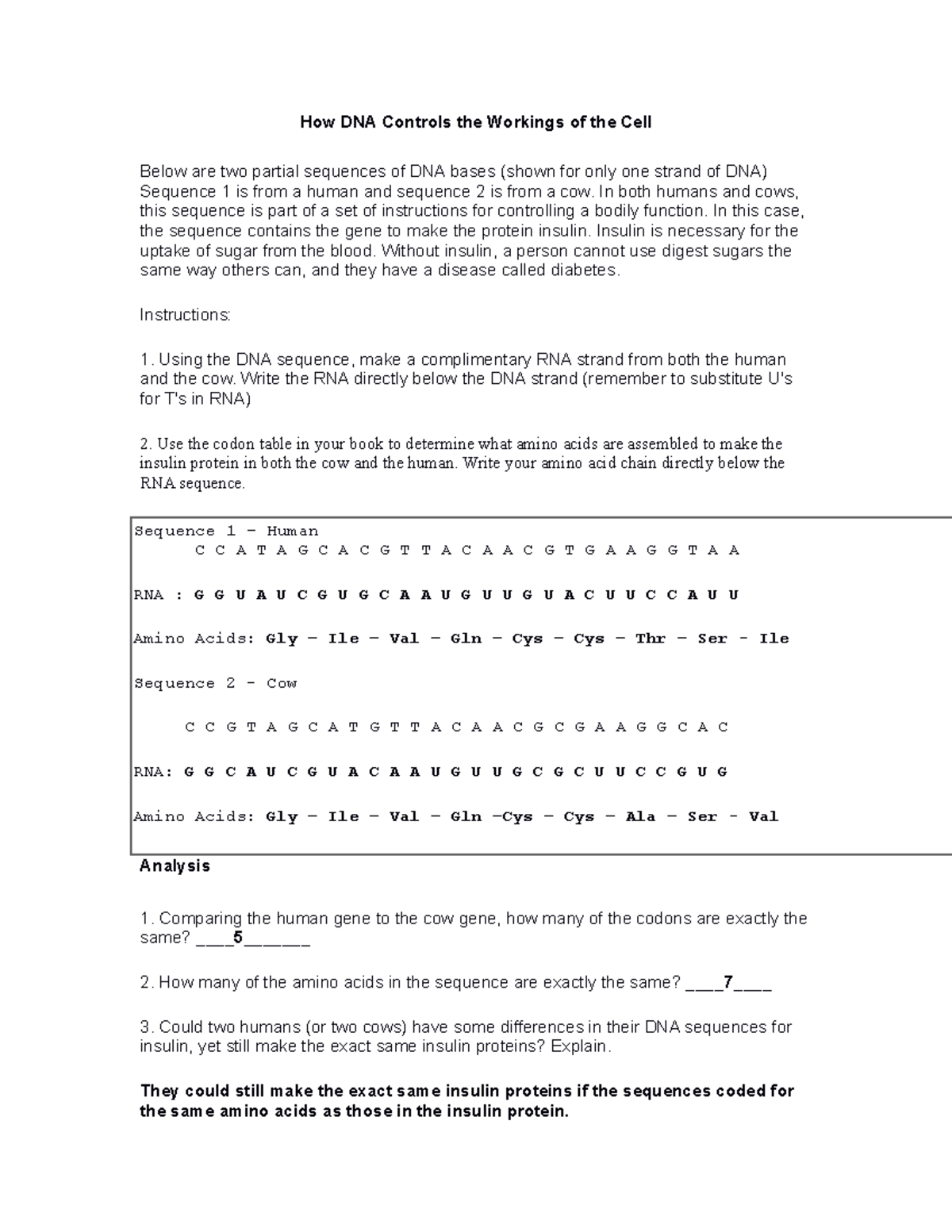 DNA worksheet answers - How DNA Controls the Workings of the Cell Below ...
