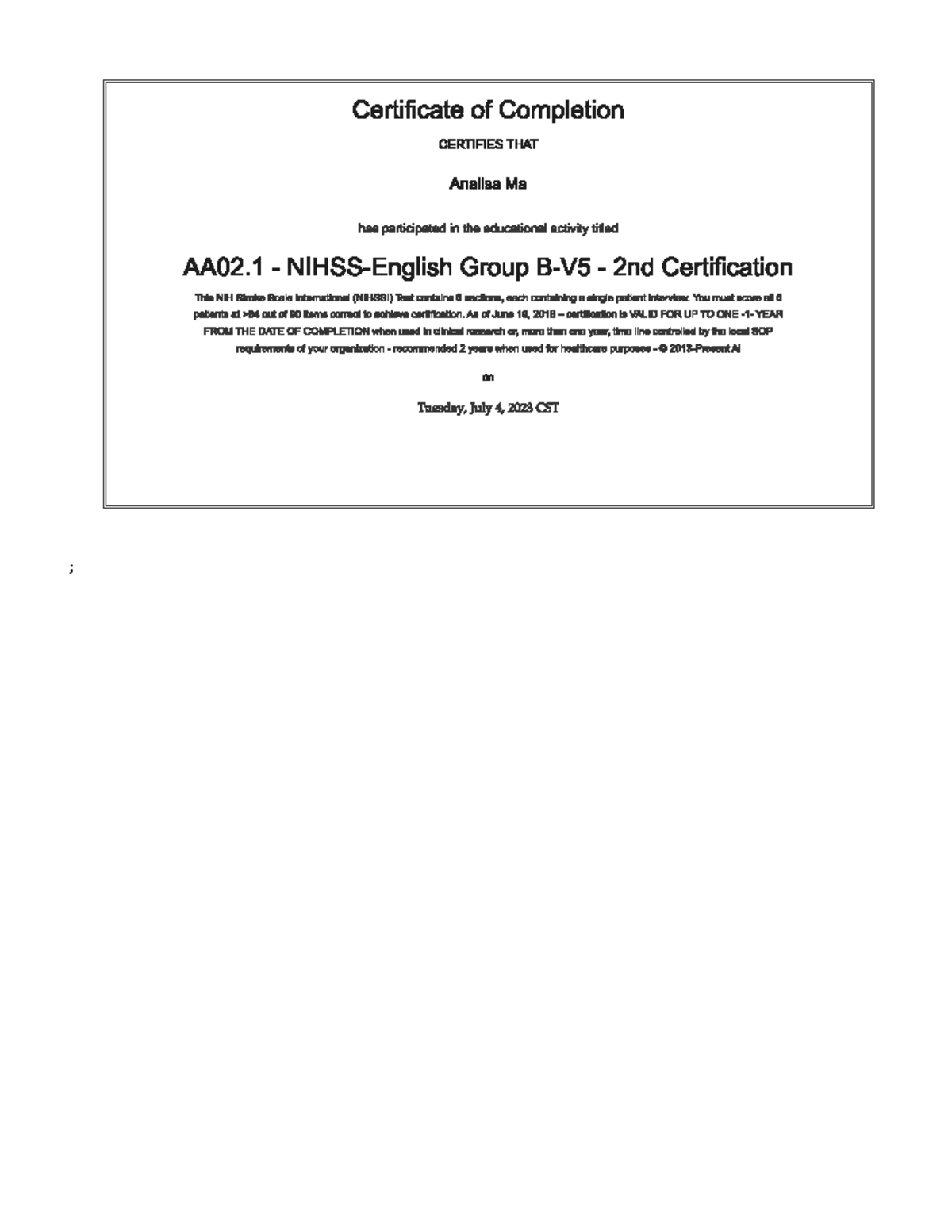 Nihss CERT - Certificate - N480 - Studocu