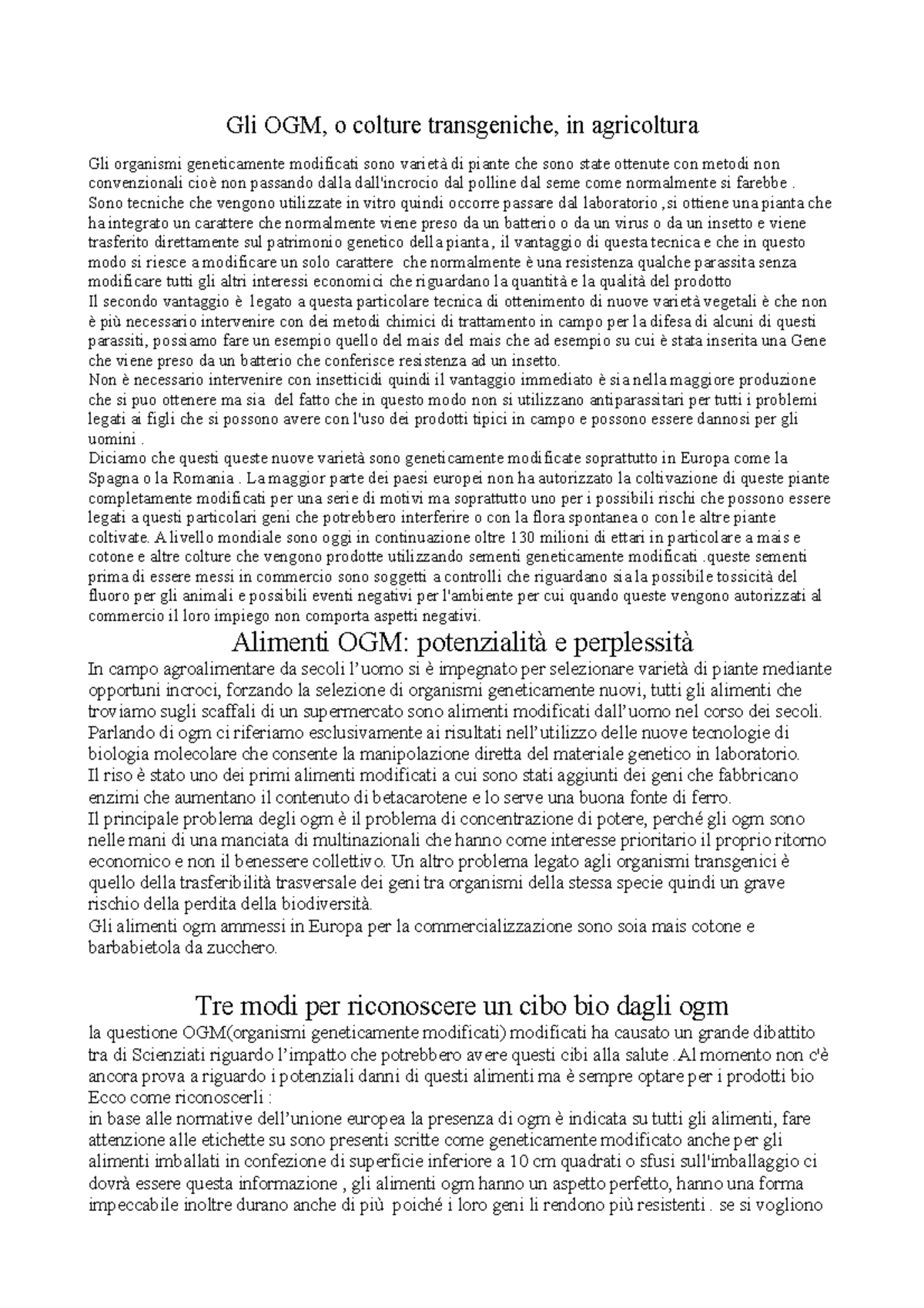 Gli OGM - RIASSUNTO OGM - Gli OGM, o colture transgeniche, in ...
