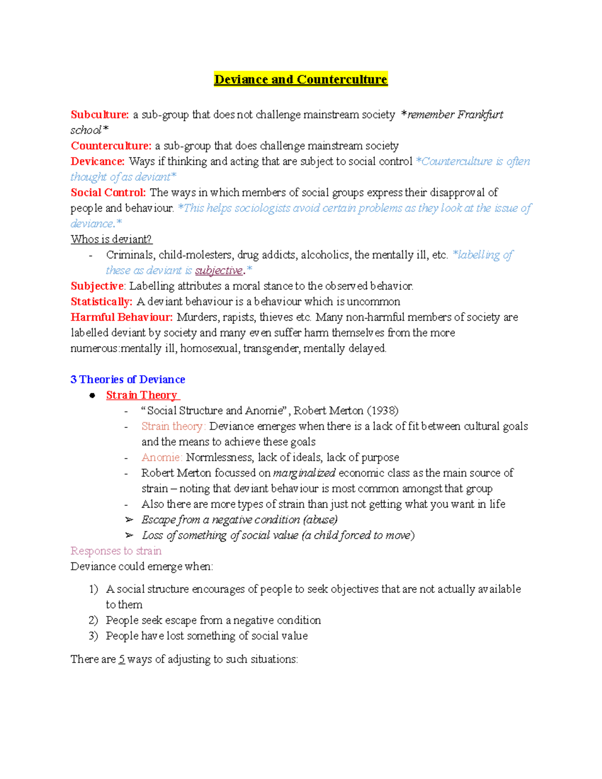 2 - Lecture notes 1-5 - Deviance and Counterculture Subculture: a sub ...