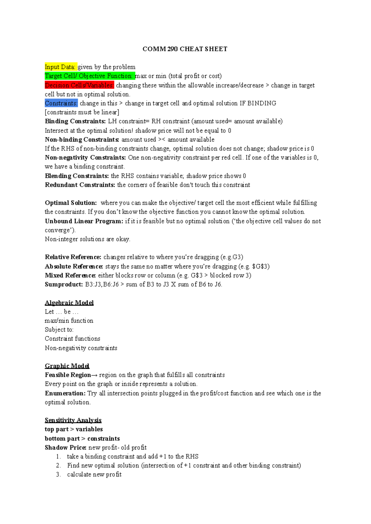 COMM 290 cheat sheet - COMM 290 CHEAT SHEET Input Data: given by the ...