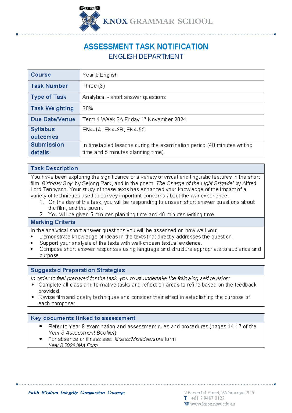 2024 Year 8 Assessment Notification Task 3 - ASSESSMENT TASK ...