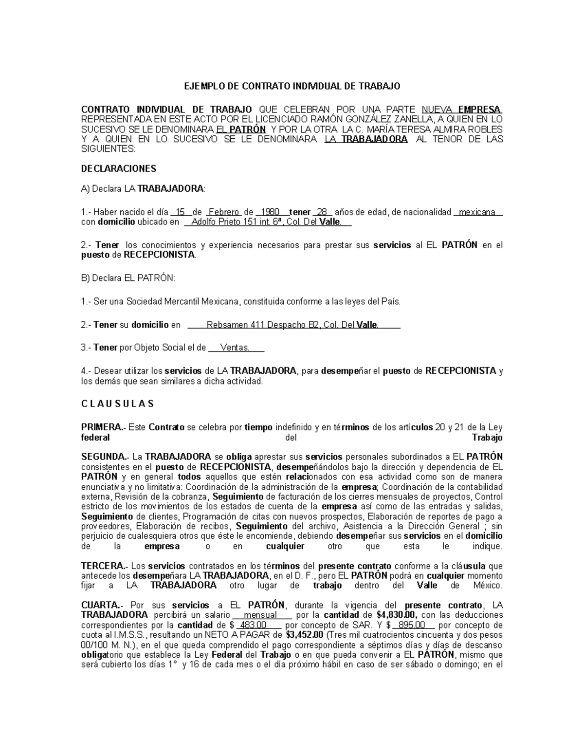 138369721 Ejemplo de Contrato Individual de Trabajo - EJEMPLO DE ...