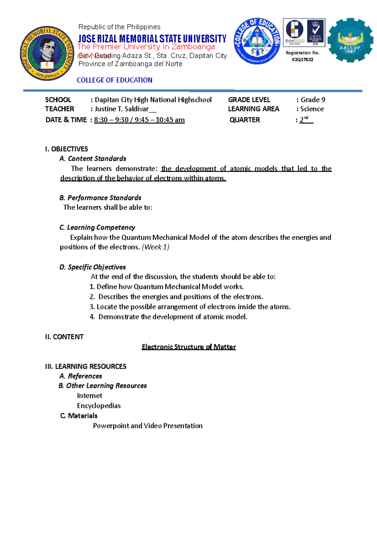 Lesson Plan Quantum Mechanical Model Saldivar - Copy - DATE & TIME : 8: ...
