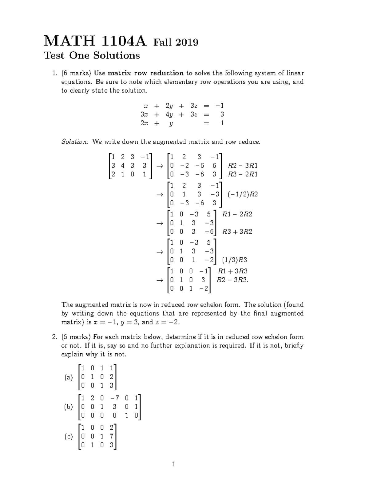 Test, answers - MATH 1104A Fall 2019 Test One Solutions (6 marks ...