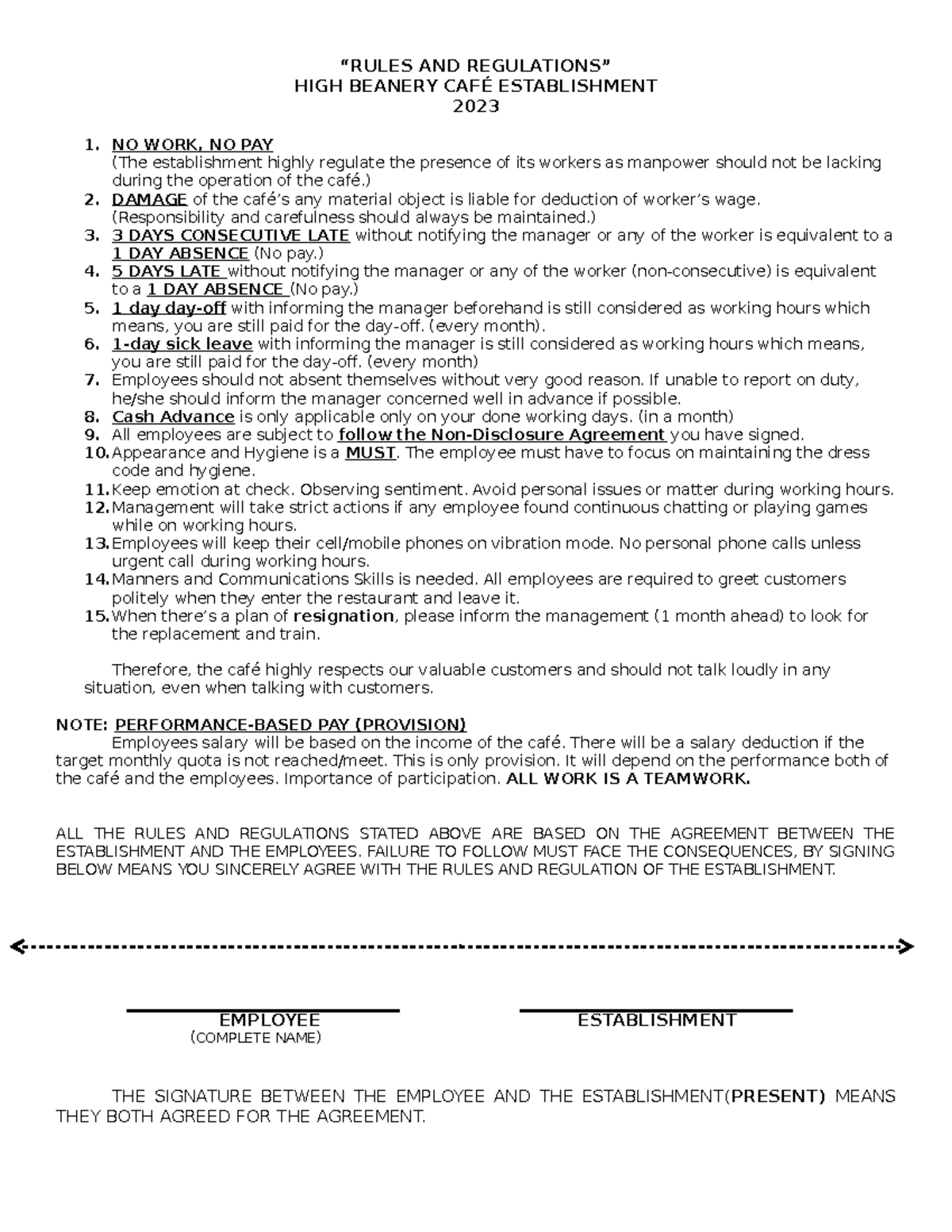 HIGH Beanery Rules AND Regulations - “RULES AND REGULATIONS” HIGH ...