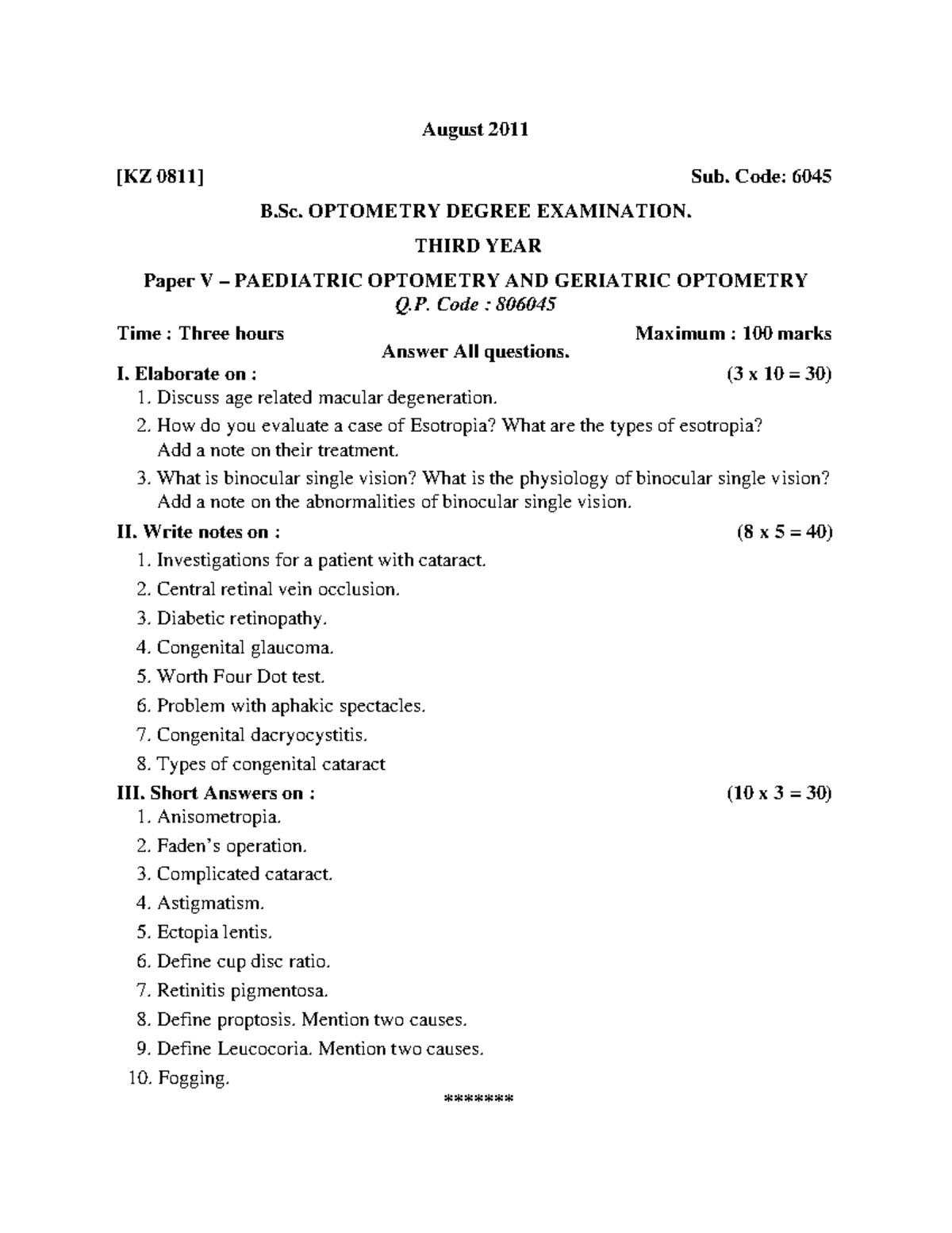 POGO - dot - August 2011 [KZ 0811] Sub. Code: 6045 B. OPTOMETRY DEGREE ...