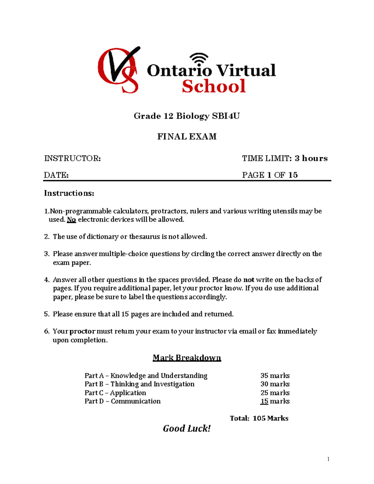 SBI4U Practice Exam - n/a - Grade 12 Biology SBI4U FINAL EXAM ...