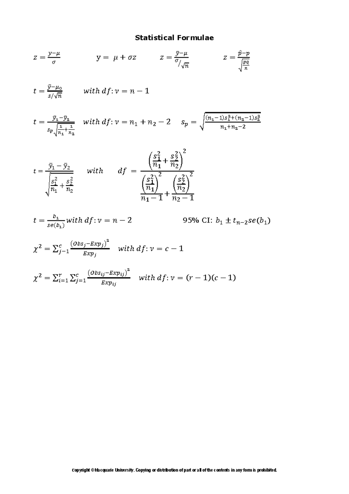 Statistical Formulae - nm, /ml/n/klnlklkmlm m jmm - Copyright © Macquarie University. Copying or ...