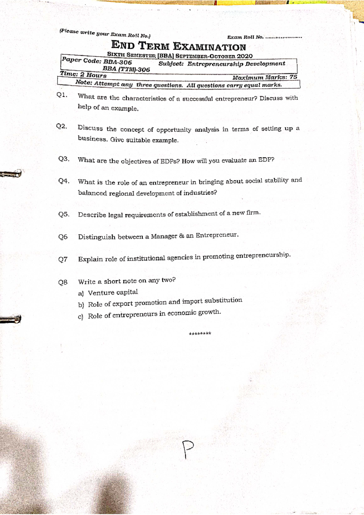 ED Previous YEAR Papers - (Please write your Exam Roll No.) Exam Roll No. END TERM EXAMINATION ...