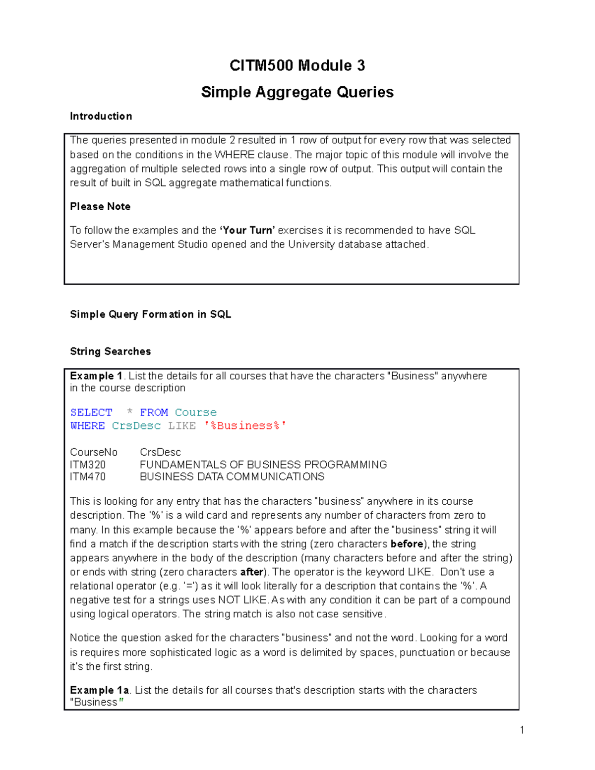 Module 03 Simple Aggregate Queries - CITM500 Module 3 Simple Aggregate ...