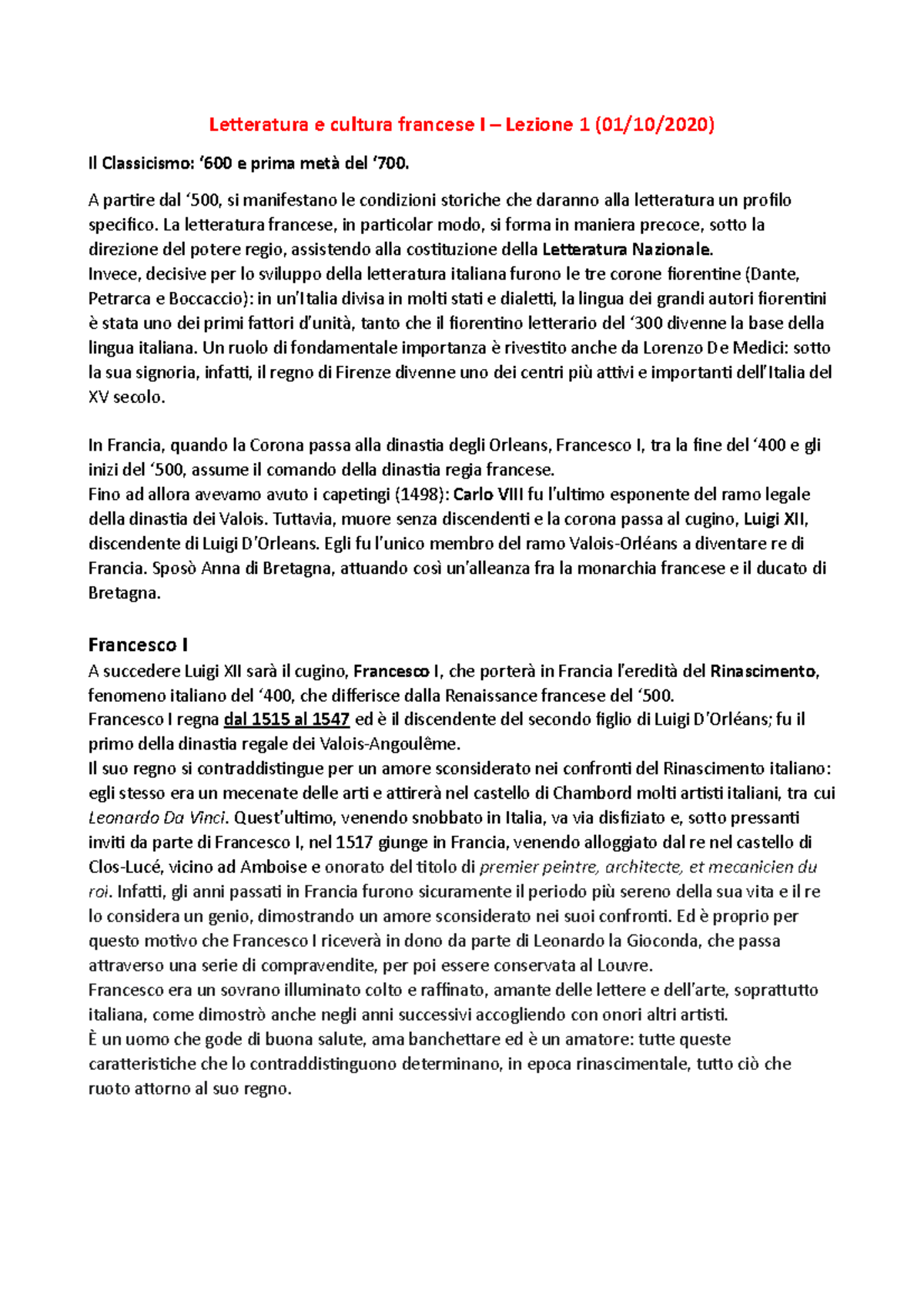 Lezione 1 - Il classicismo - Letteratura e cultura francese I – Lezione 1 (01/10/2020) Il - Studocu
