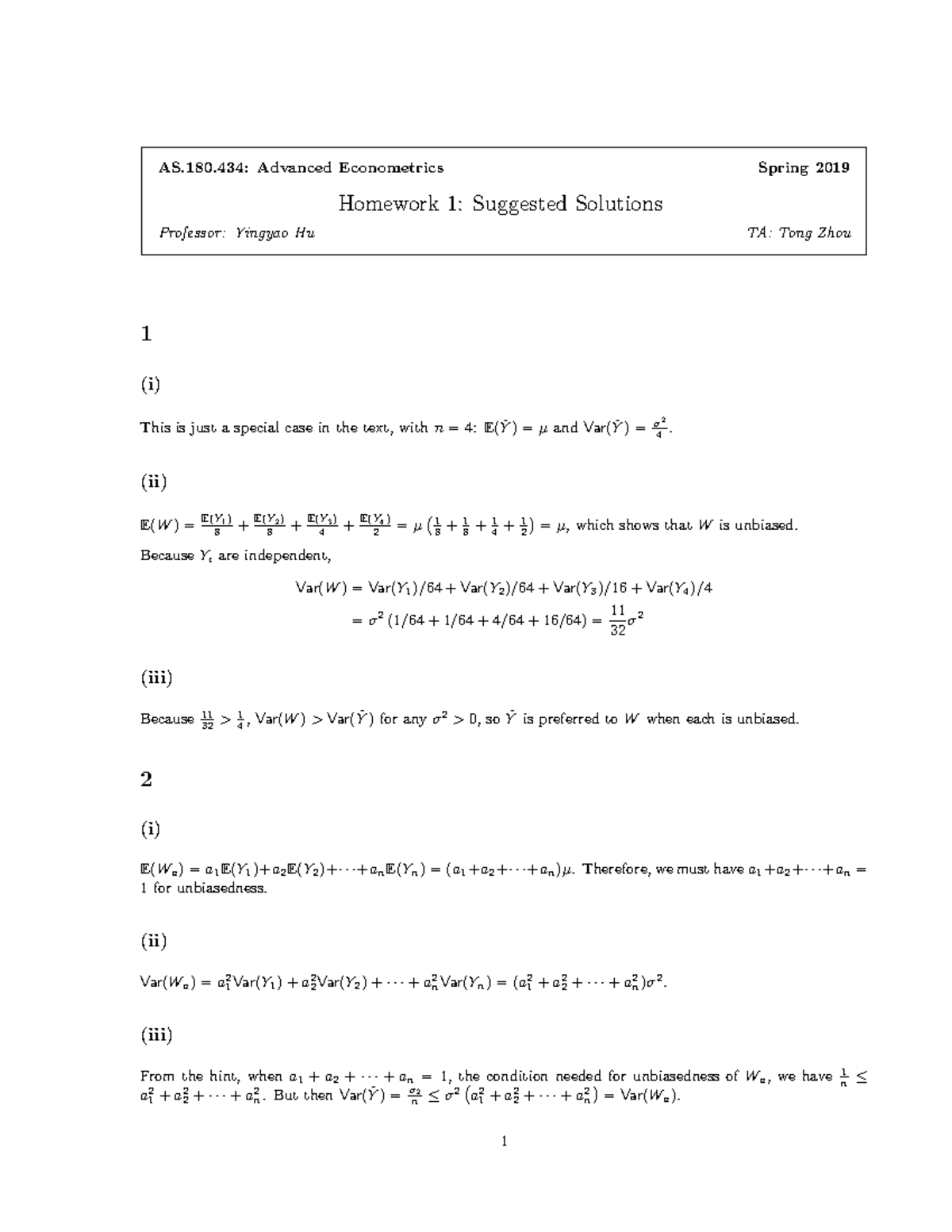 Hw 1 sol - hw1 solution - AS.180: Advanced Econometrics Spring 2019 Homework 1: Suggested ...