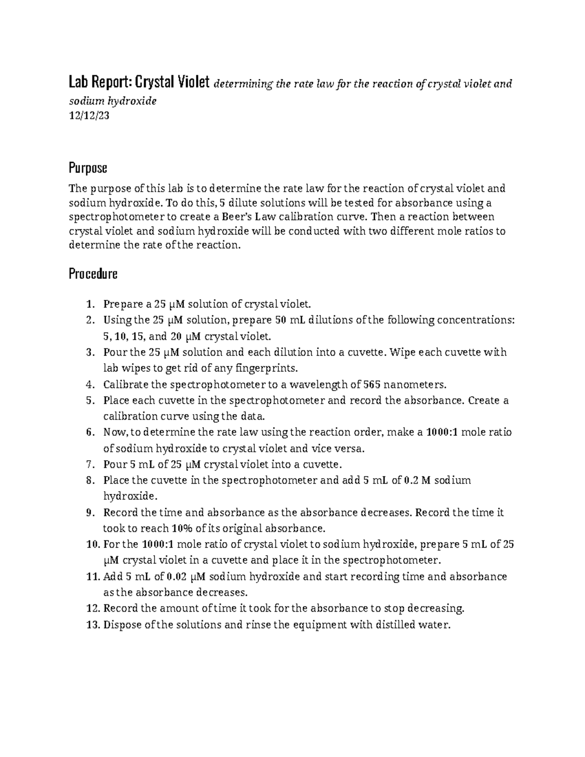 Crystal Violet Lab Report - Lab Report: Crystal Violet determining the ...
