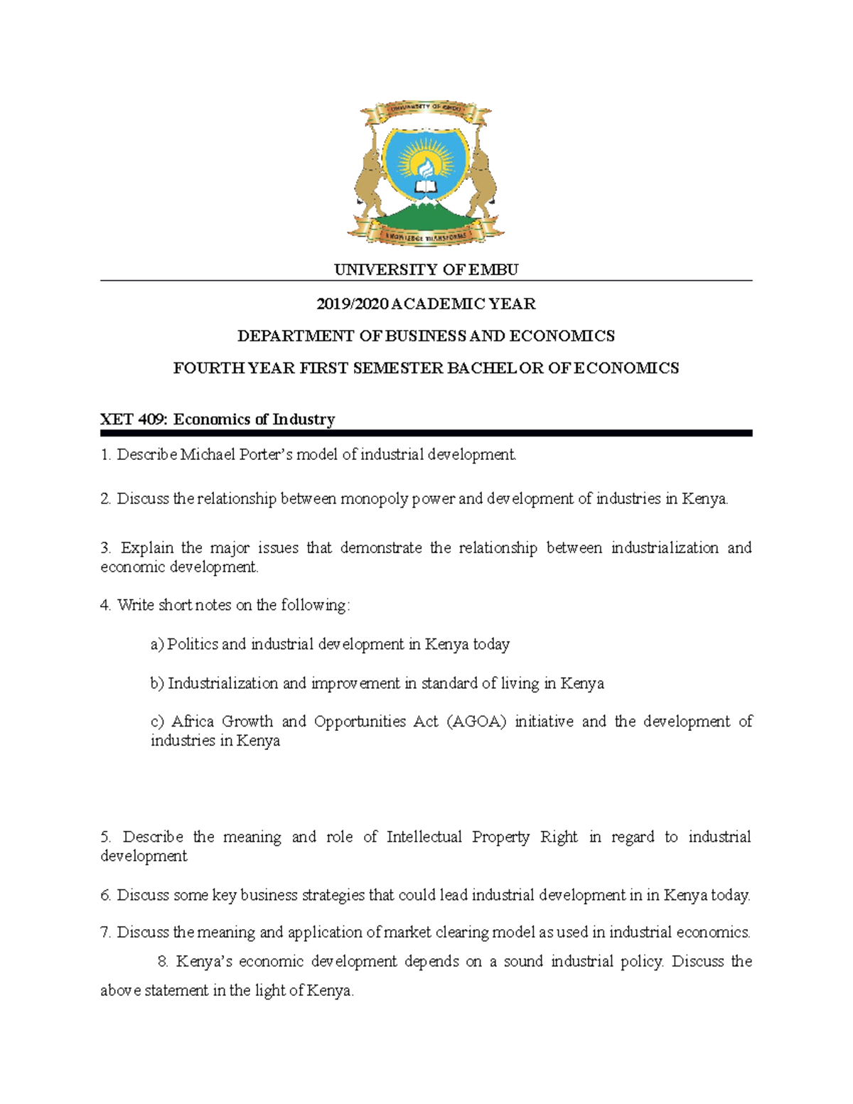 Institutional economics - UNIVERSITY OF EMBU 2019/2020 ACADEMIC YEAR ...
