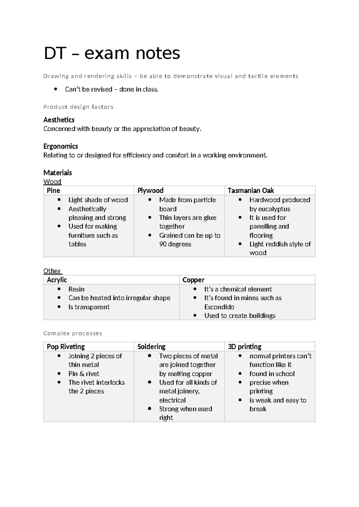 DT - exam notes - DT – exam notes Drawing and rendering skills – be ...