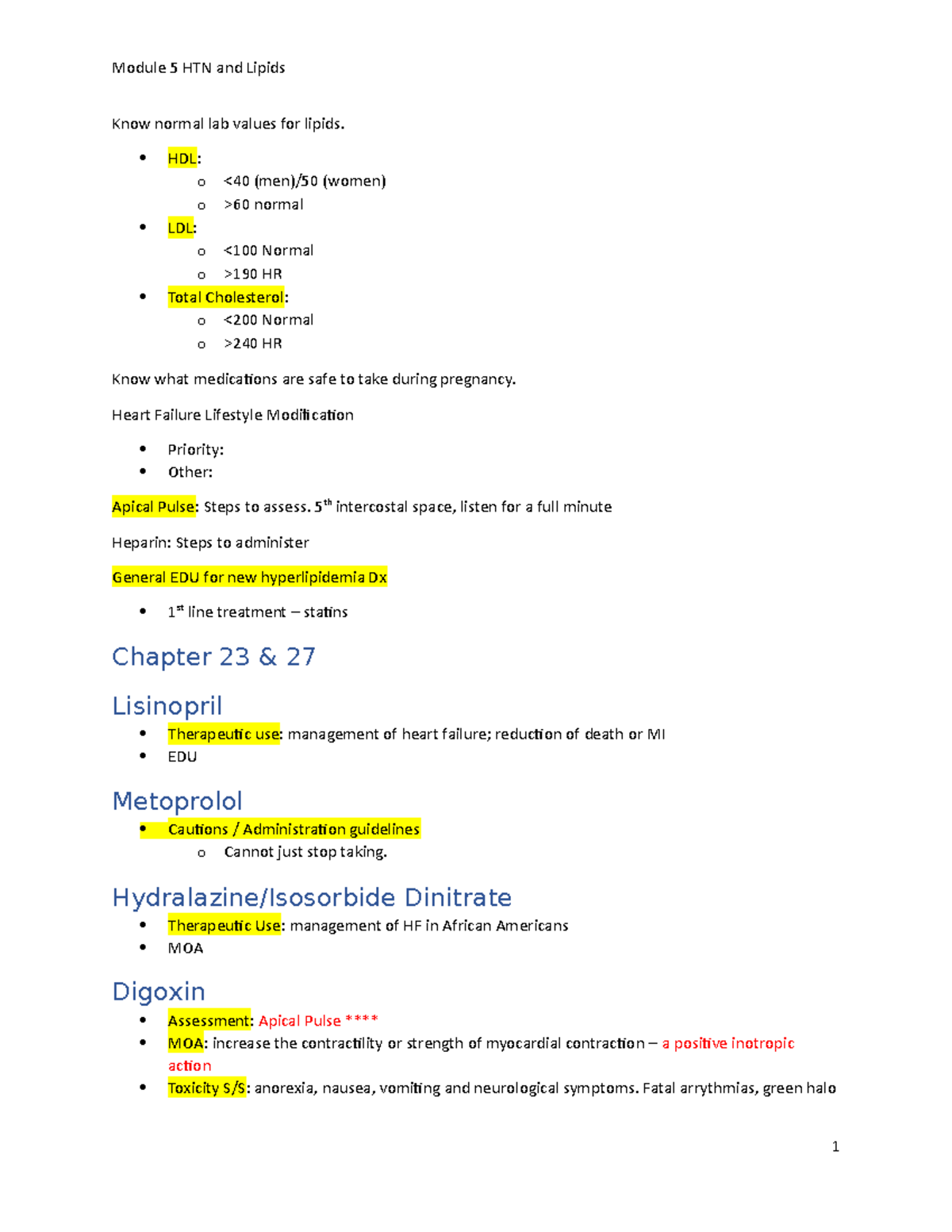 Study Guide Exam 3 HF and Lipids Student - Module 5 HTN and Lipids Know ...