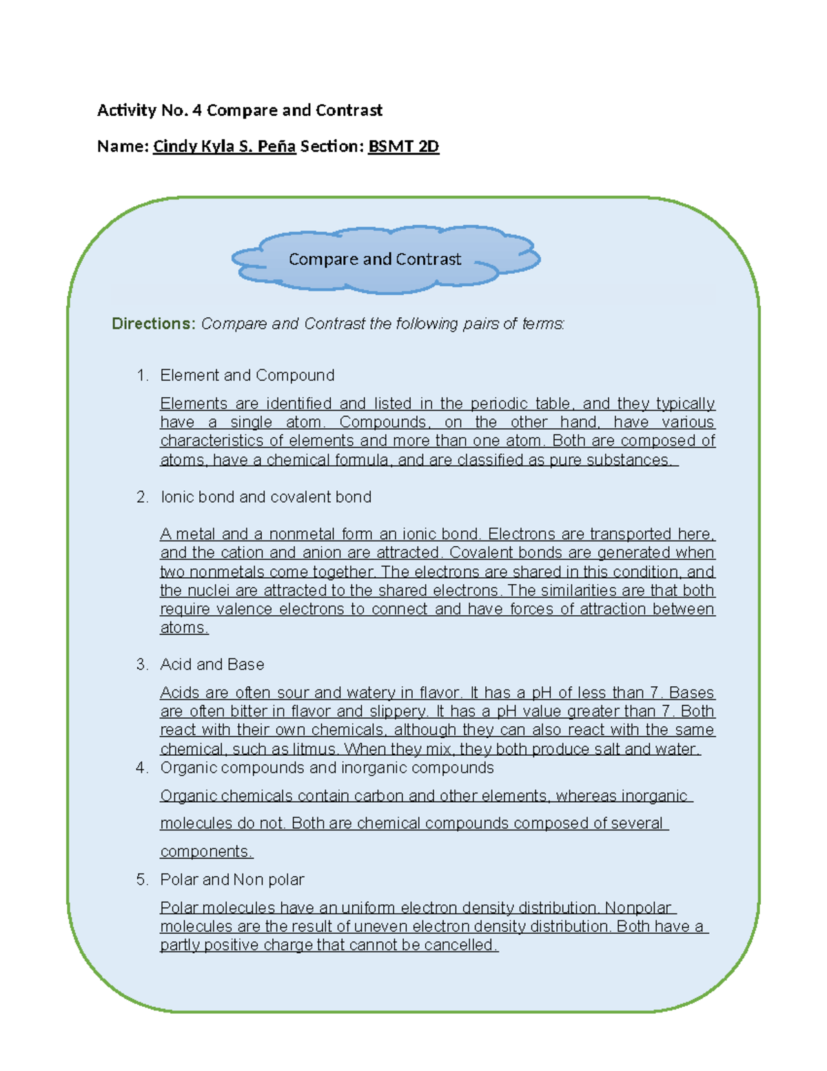 Activity No. 4 Compare and Contrast (Module 1) - Activity No. 4 Compare and Contrast Name: Cindy ...