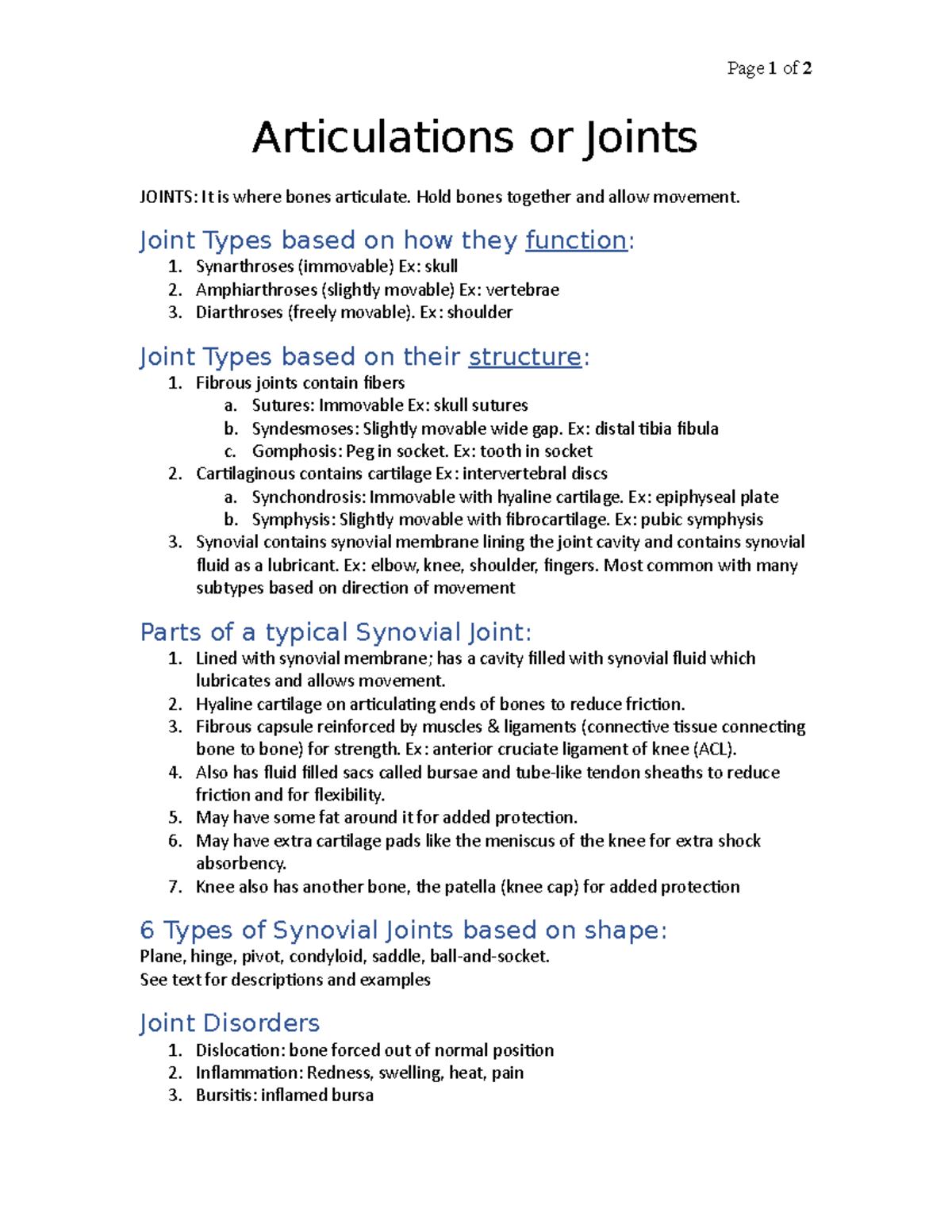 Chapter 8 Articulations - Page 1 of 2 Articulations or Joints JOINTS ...