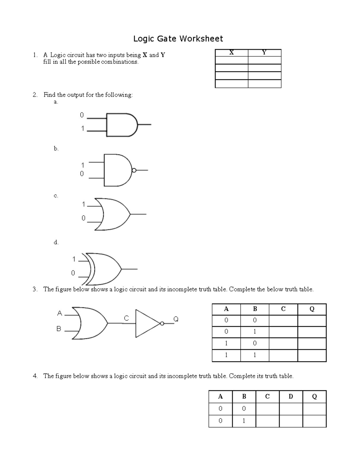 Logic Gates - 0 1 1 1 1 0 0 0 B A C Q Logic Gate Worksheet 1. A Logic ...