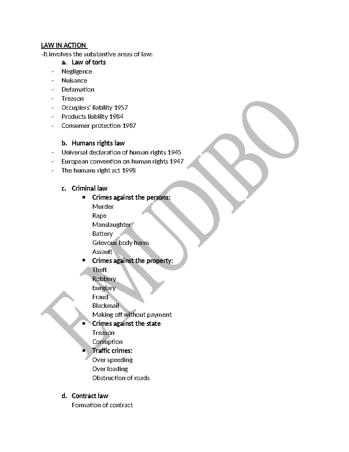 Criminal LAW-A'level - LAW IN ACTION It involves the substantive areas ...