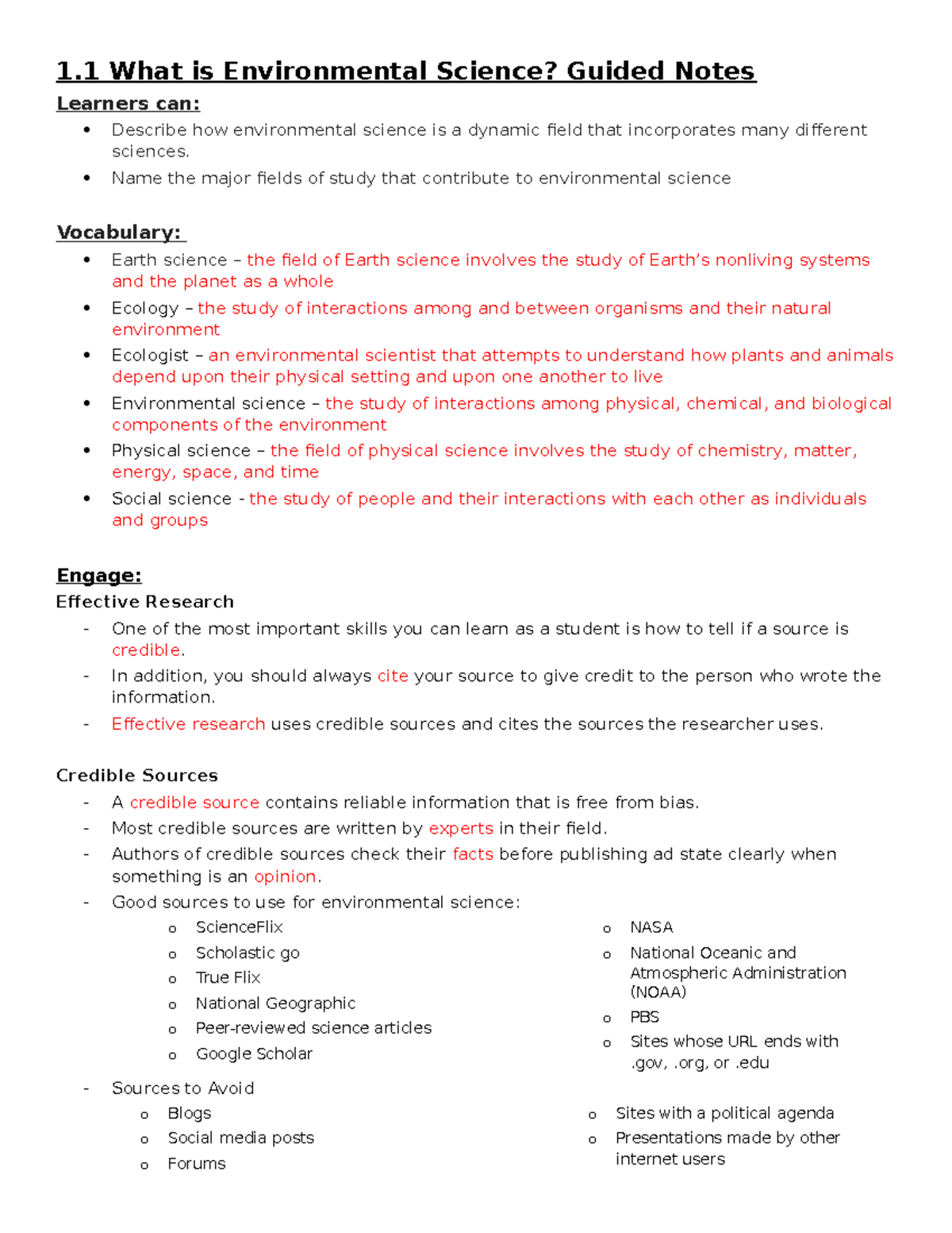 1.1 What is Environmental Science Completed Guided Notes - 1 What is ...