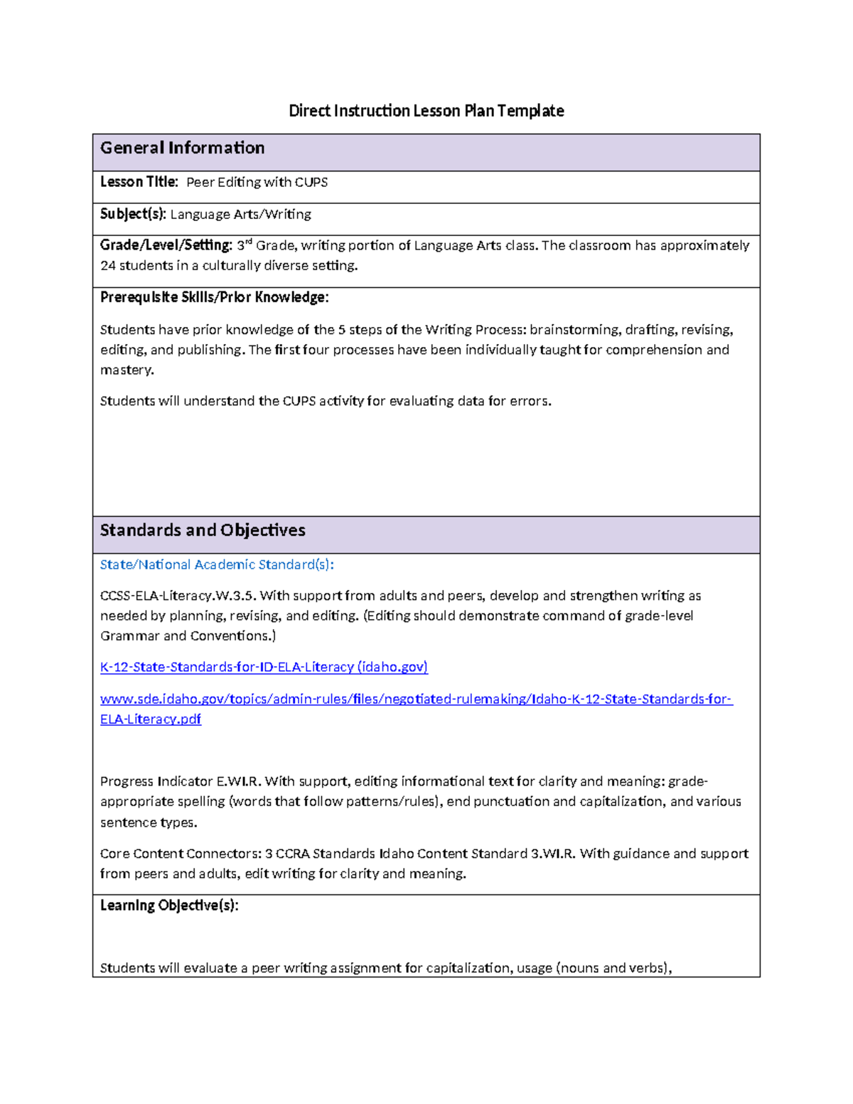 C365 lessonplan - Direct Instruction Lesson Plan Template General Information Lesson Title: Peer ...