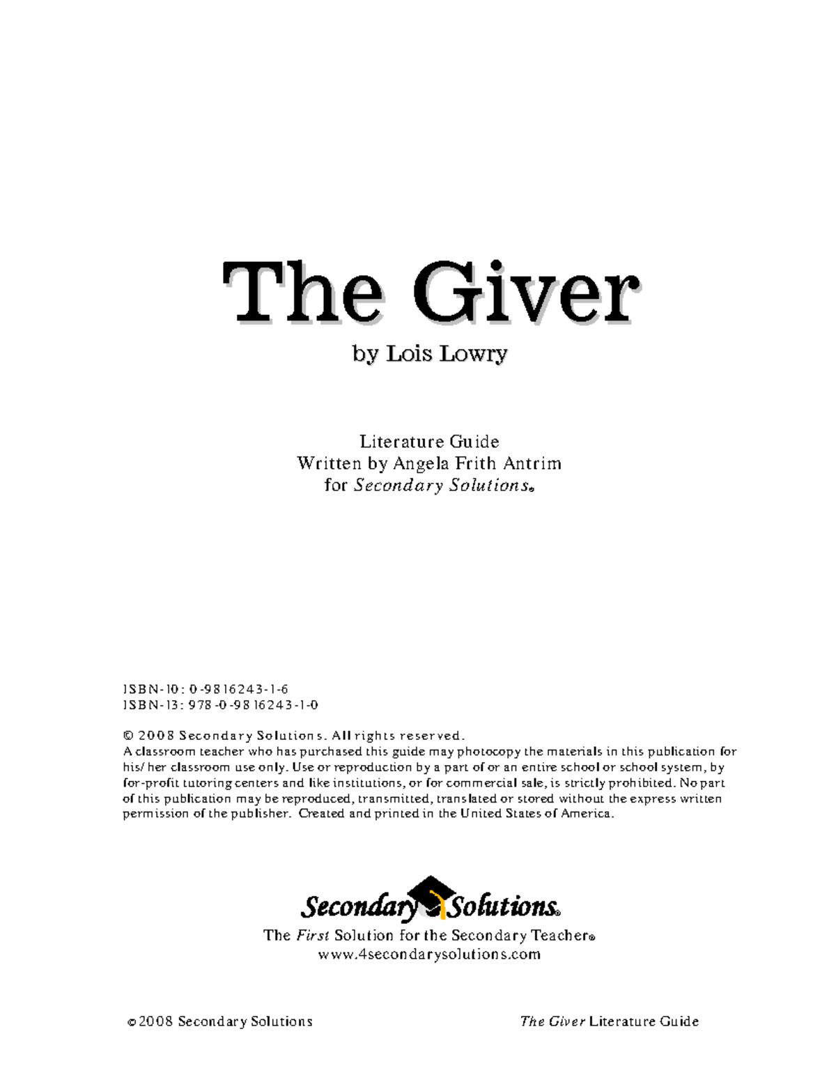 The Giver booklet- additional 1 - Th Thee GGiivveerr bbyy LLooiiss ...