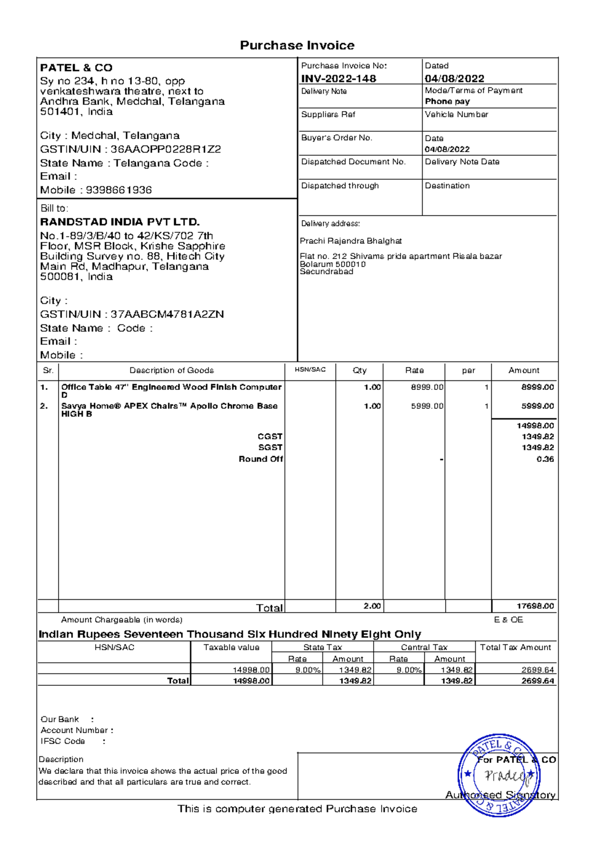 Invoice - great note - Purchase Invoice PATEL & CO Sy no 234, h no 13 ...