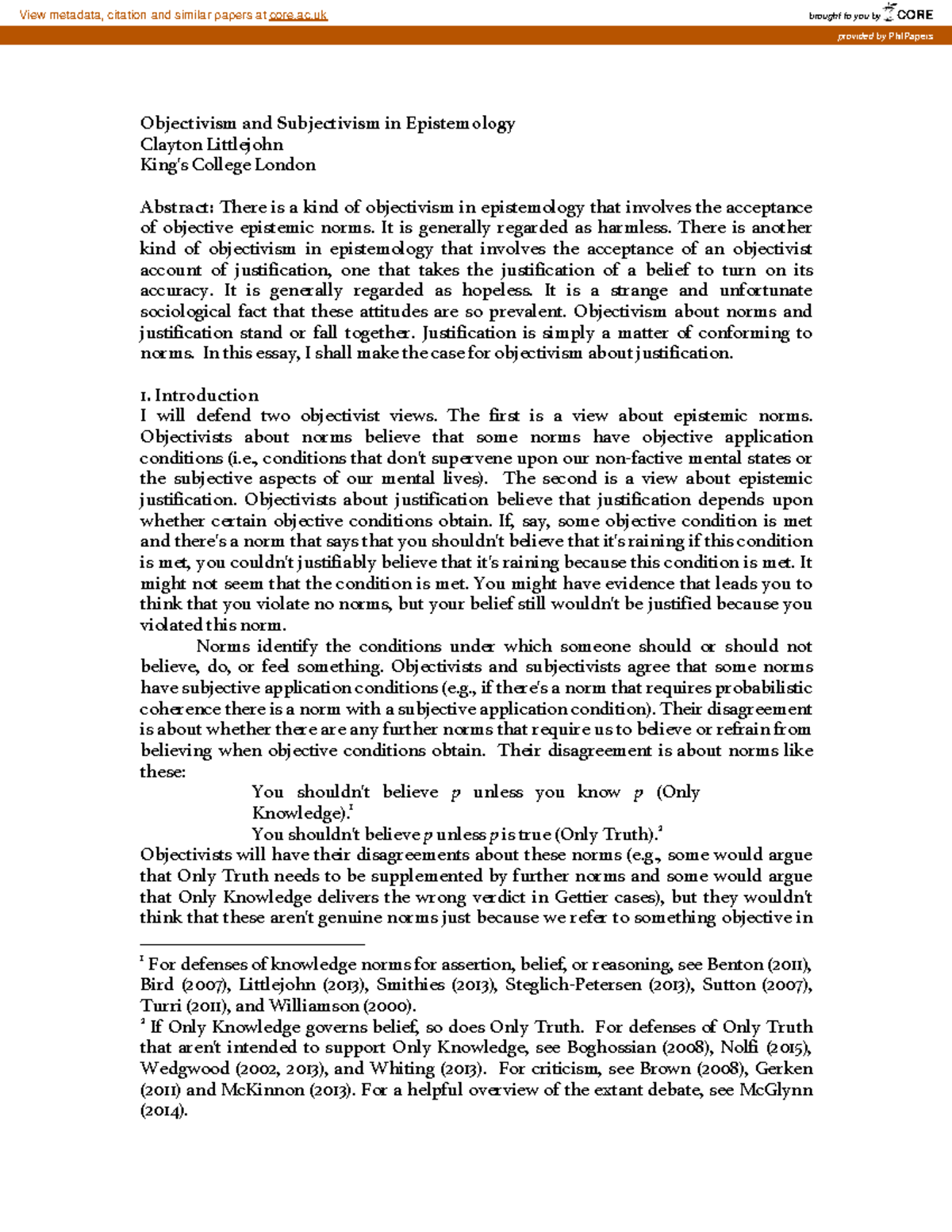 Objectivism and Subjectivism in Epistemology - It is generally regarded ...