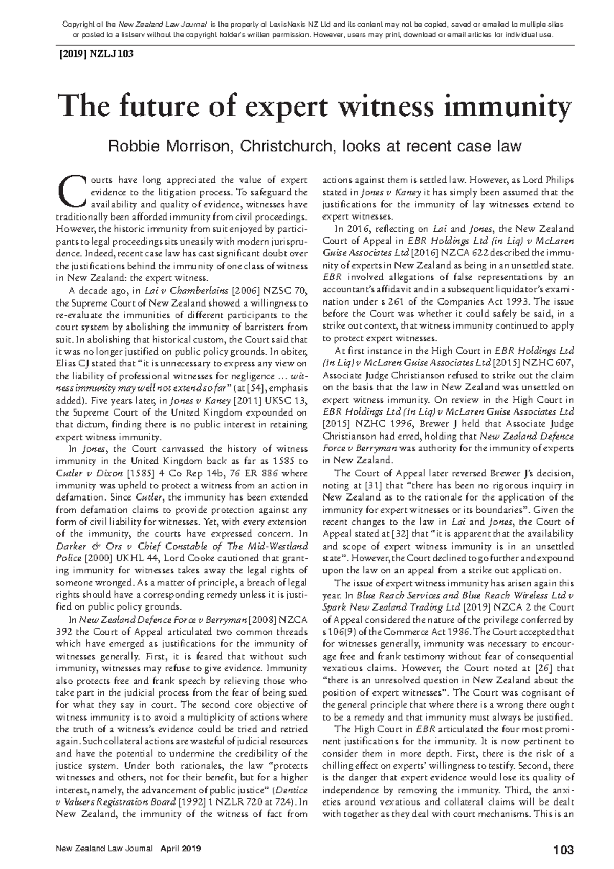 The future of expert witness immunity — [2019 ] NZLJ 103 - The future ...