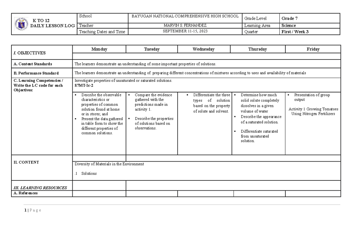 DLL Science WEEK 3 - lesson plan - K TO 12 DAILY LESSON LOG School ...