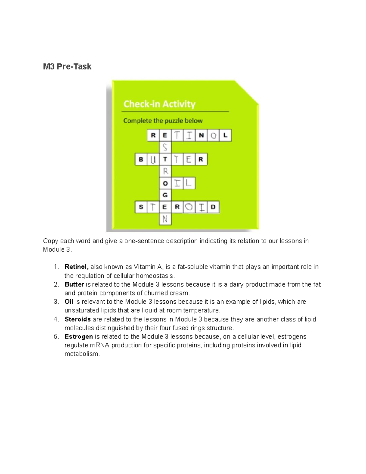 Biochem Lec M3 (Pre Task) - M3 Pre-Task Copy each word and give a one-sentence description - Studocu