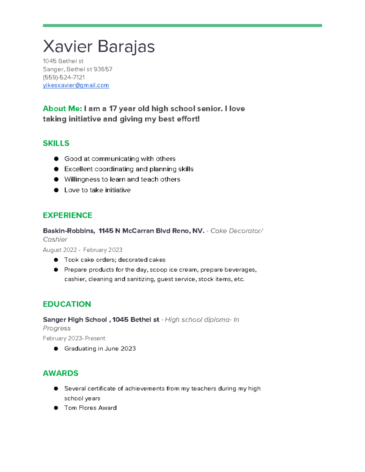 Resume - i’m going on my break in a minute and - Xavier Barajas 1045 ...