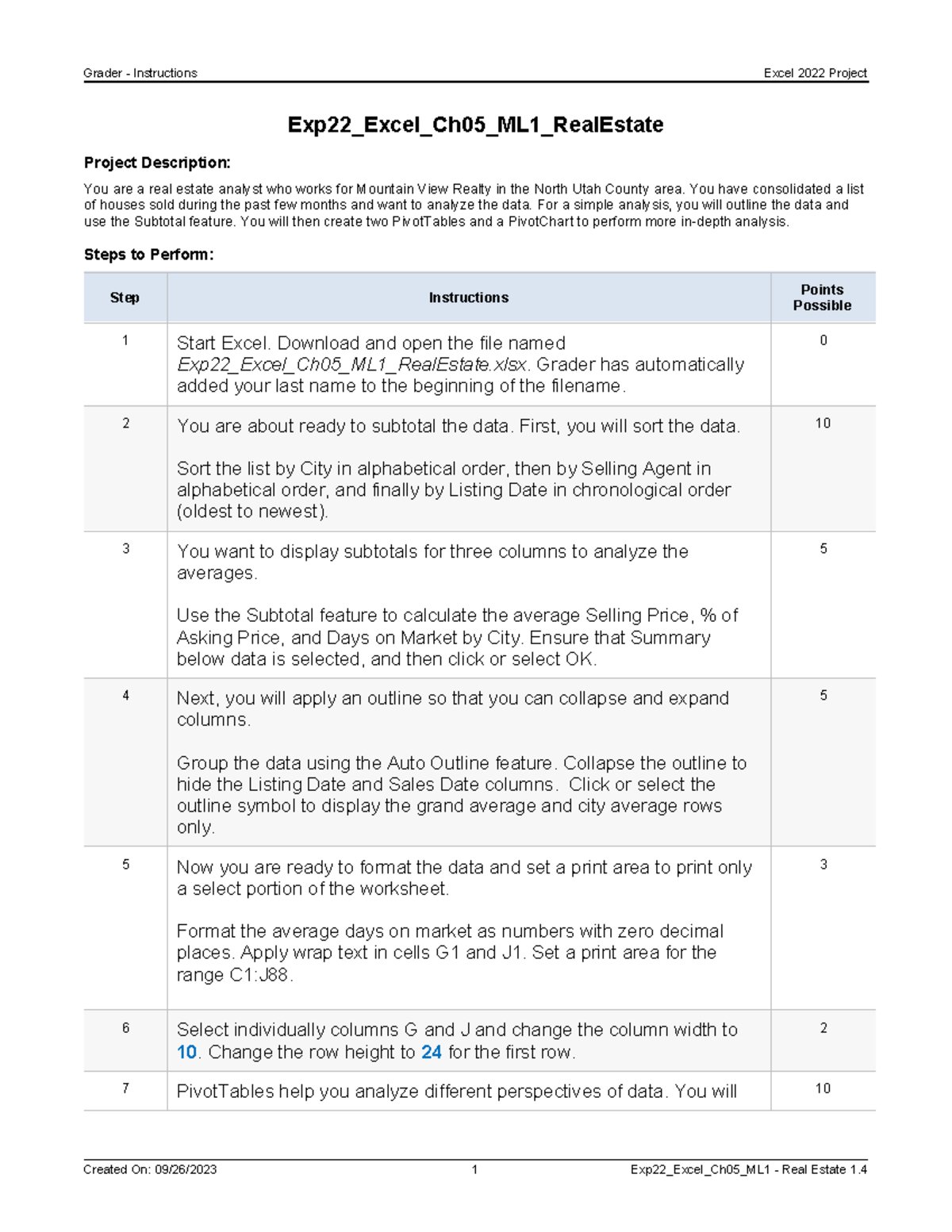 Exp22 Excel Ch05 ML1 Real Estate Instructions - Grader - Instructions Excel 2022 Project - Studocu
